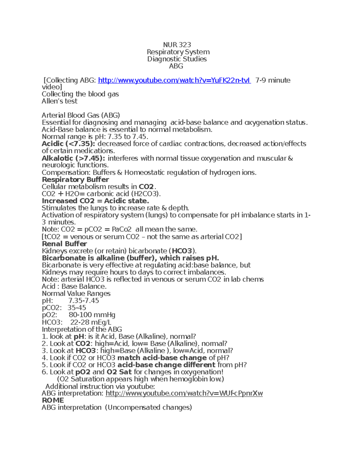 ABG Outline - ABG lecture notes and descriptions. - NUR 323 Respiratory ...