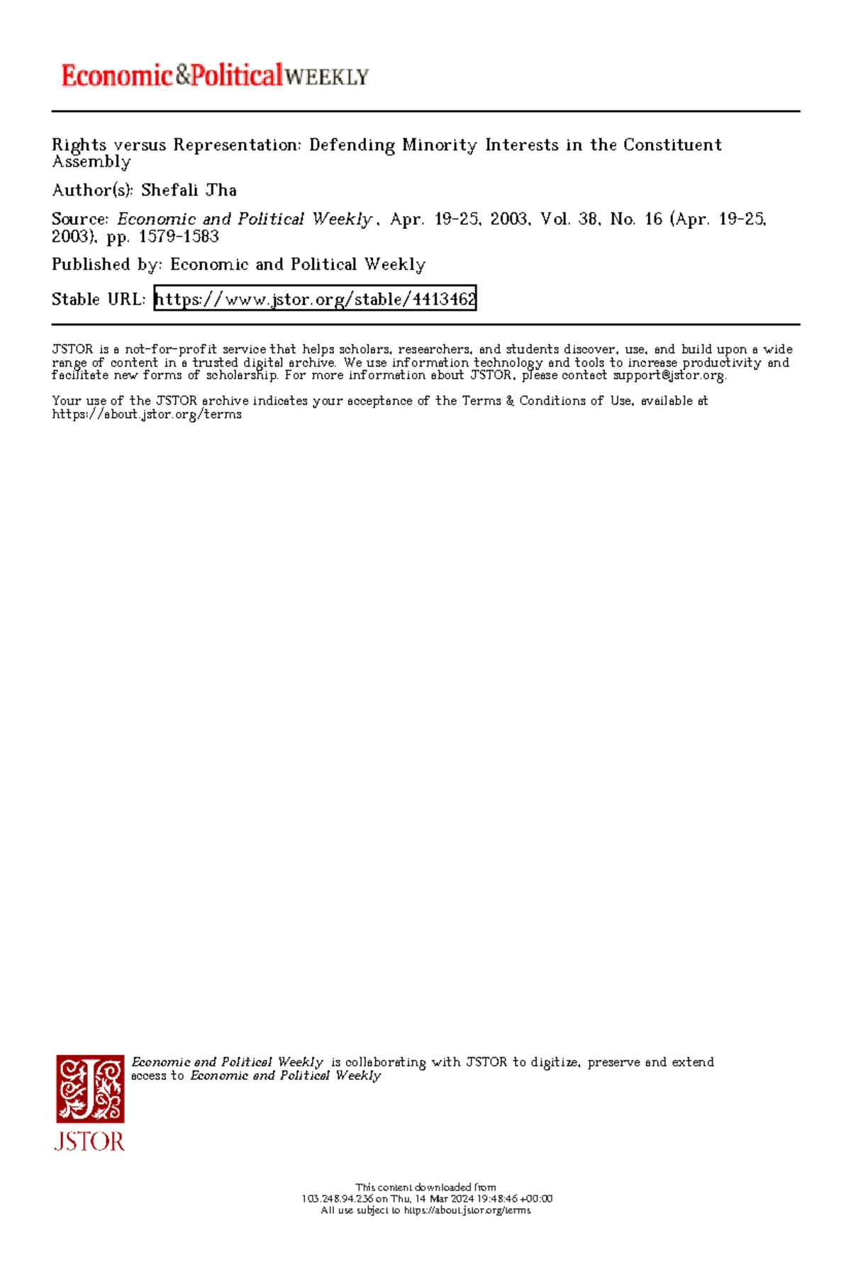 Jha-Rightsversus Representation-2003 - Rights versus Representation ...