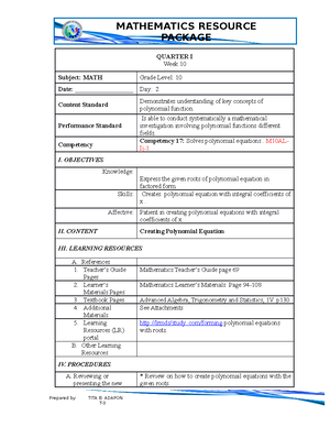 COT 1 math 4 MDAS - Lesson plan - Department of Education Region III ...