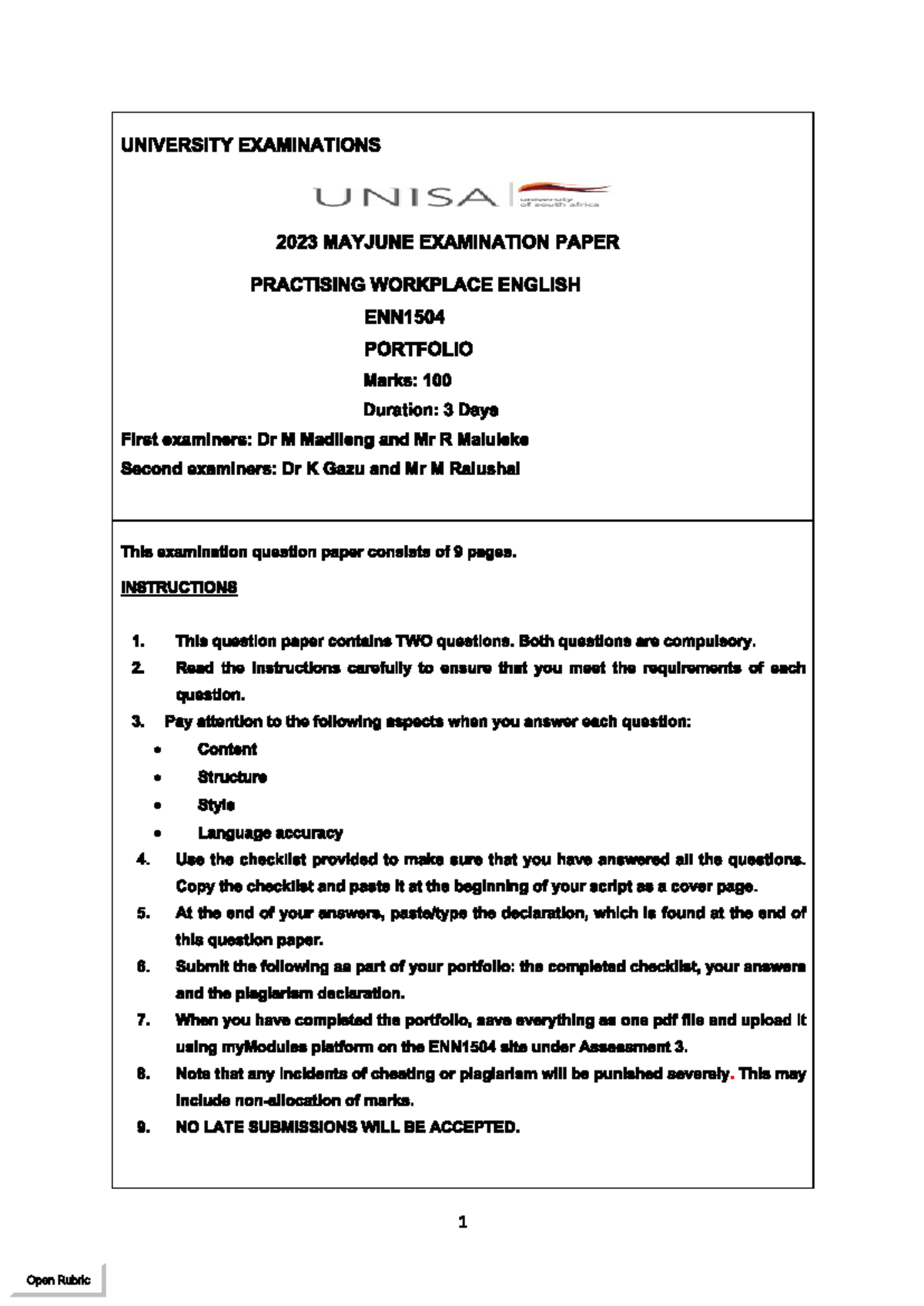 Checklist - ENN1504 - Studocu