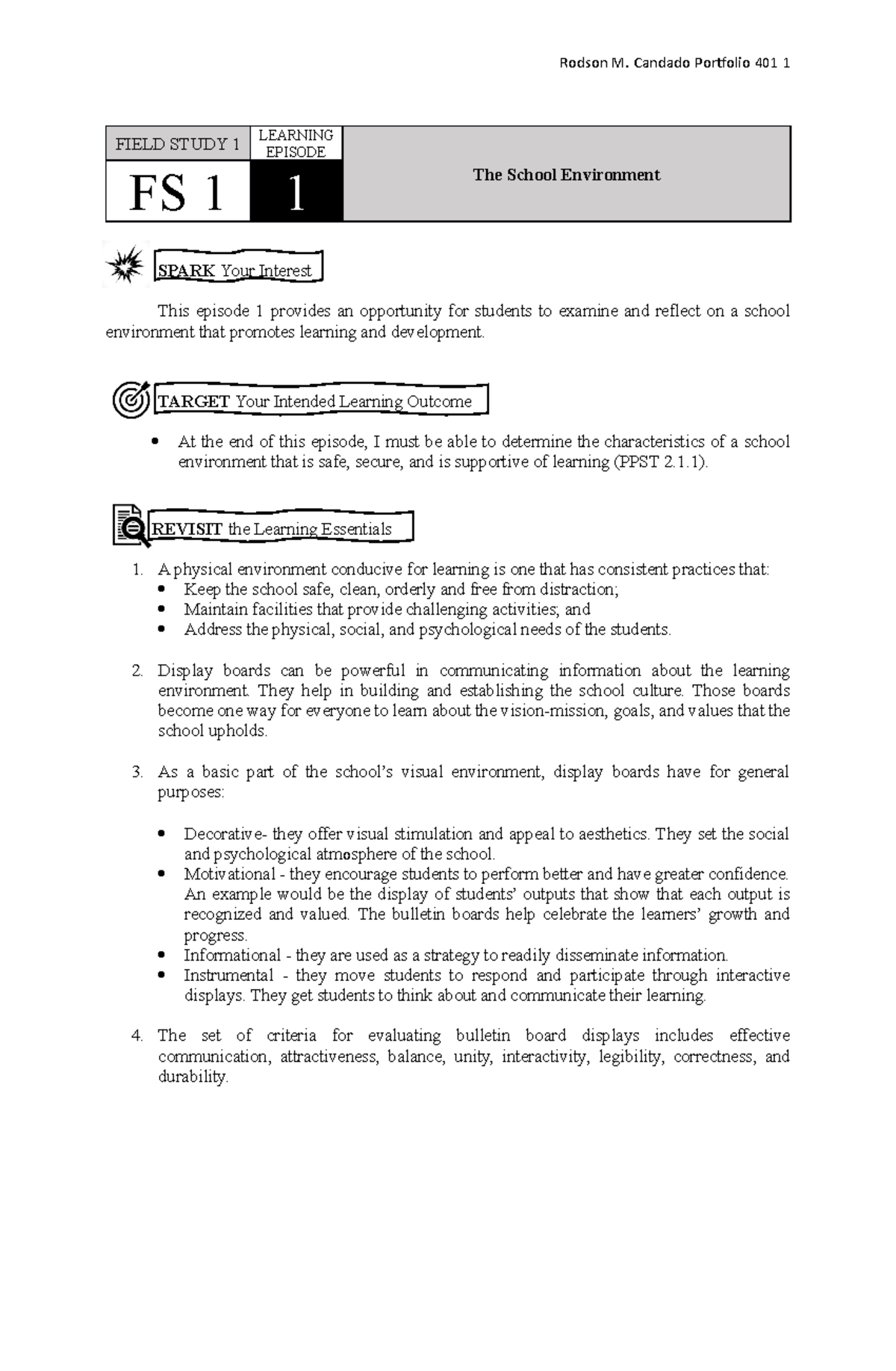Episode 1 - FIELD STUDY 1 LEARNINGEPISODE The School Environment FS 1 1 ...