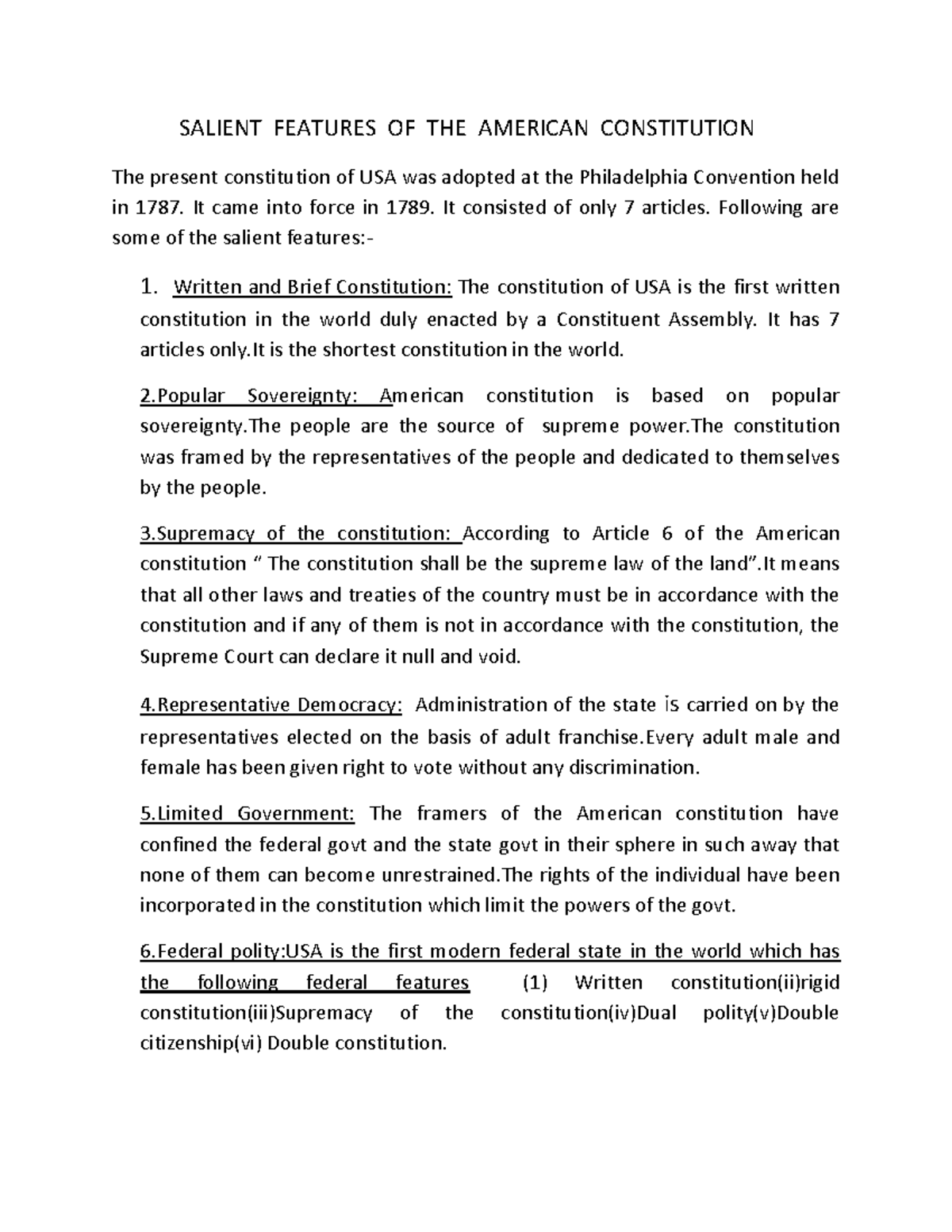 Salient features of the american constitution - SALIENT FEATURES OF THE ...