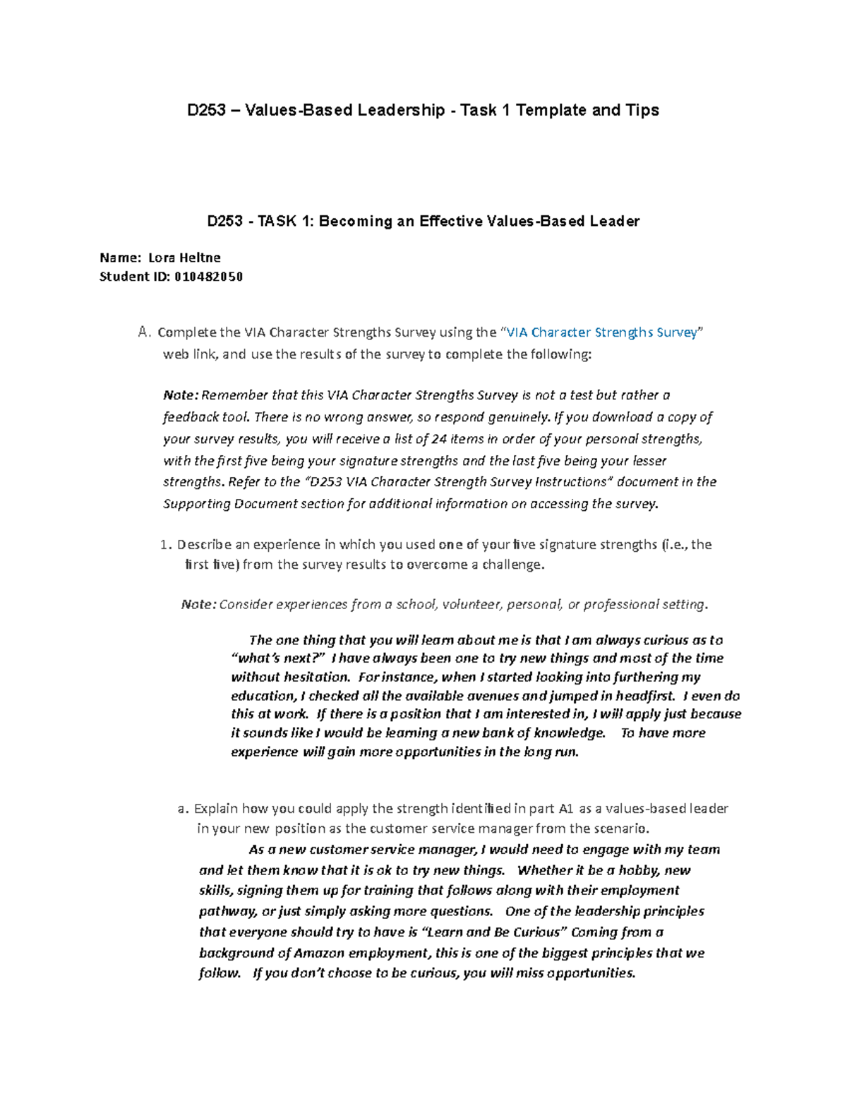 D253 task 1 revision 1 - D253 – Values-Based Leadership - Task 1 ...