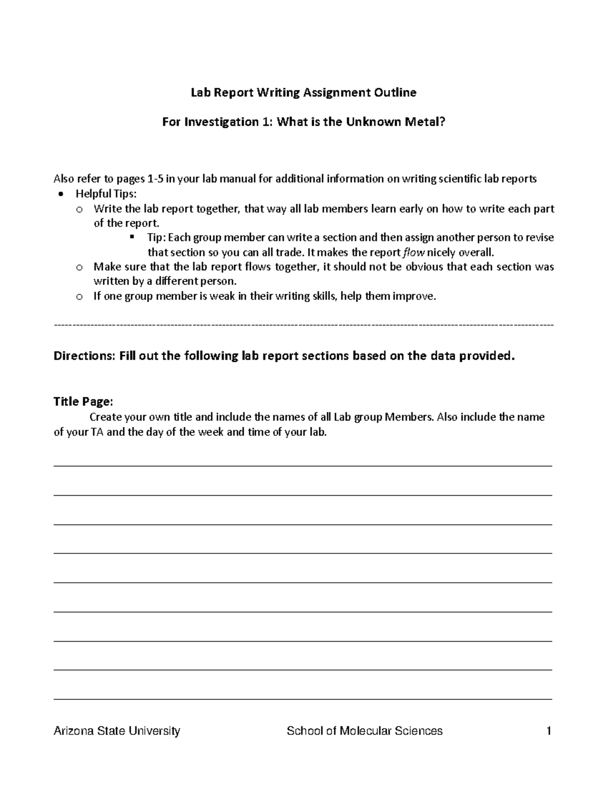 Unknown metals lab report outline 5-9-16 - Lab Report Writing ...