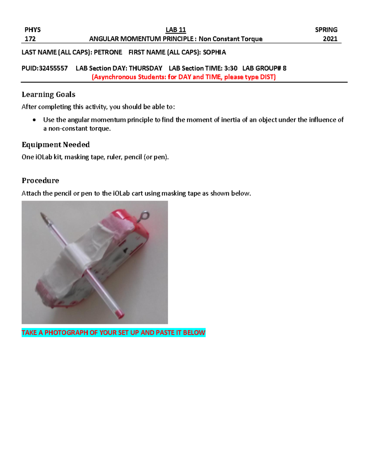 PHYS172 S21-Lab11-Final turn in - PHYS 172 LAB 11 ANGULAR MOMENTUM ...
