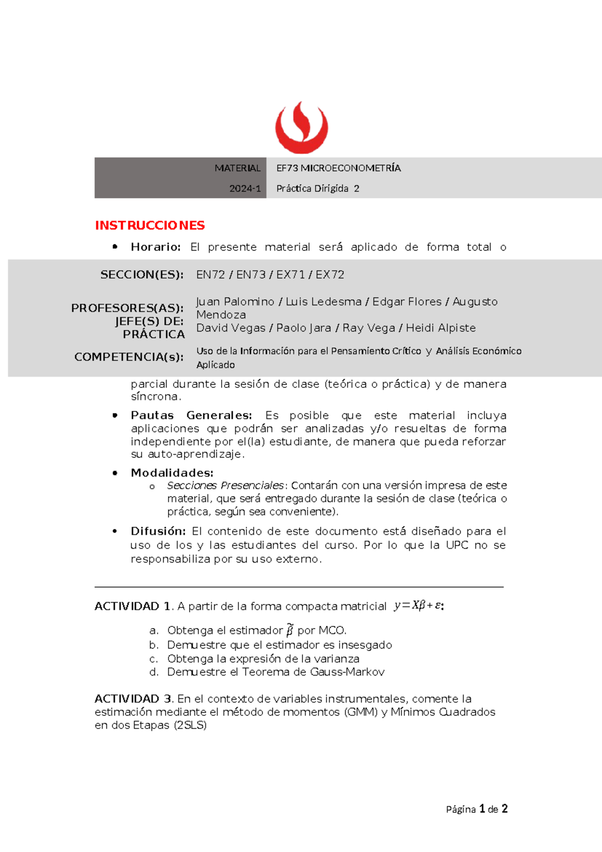 EF73 Microeconometría PD 02 - MATERIAL EF73 MICROECONOMETRÍA 2024-1 ...