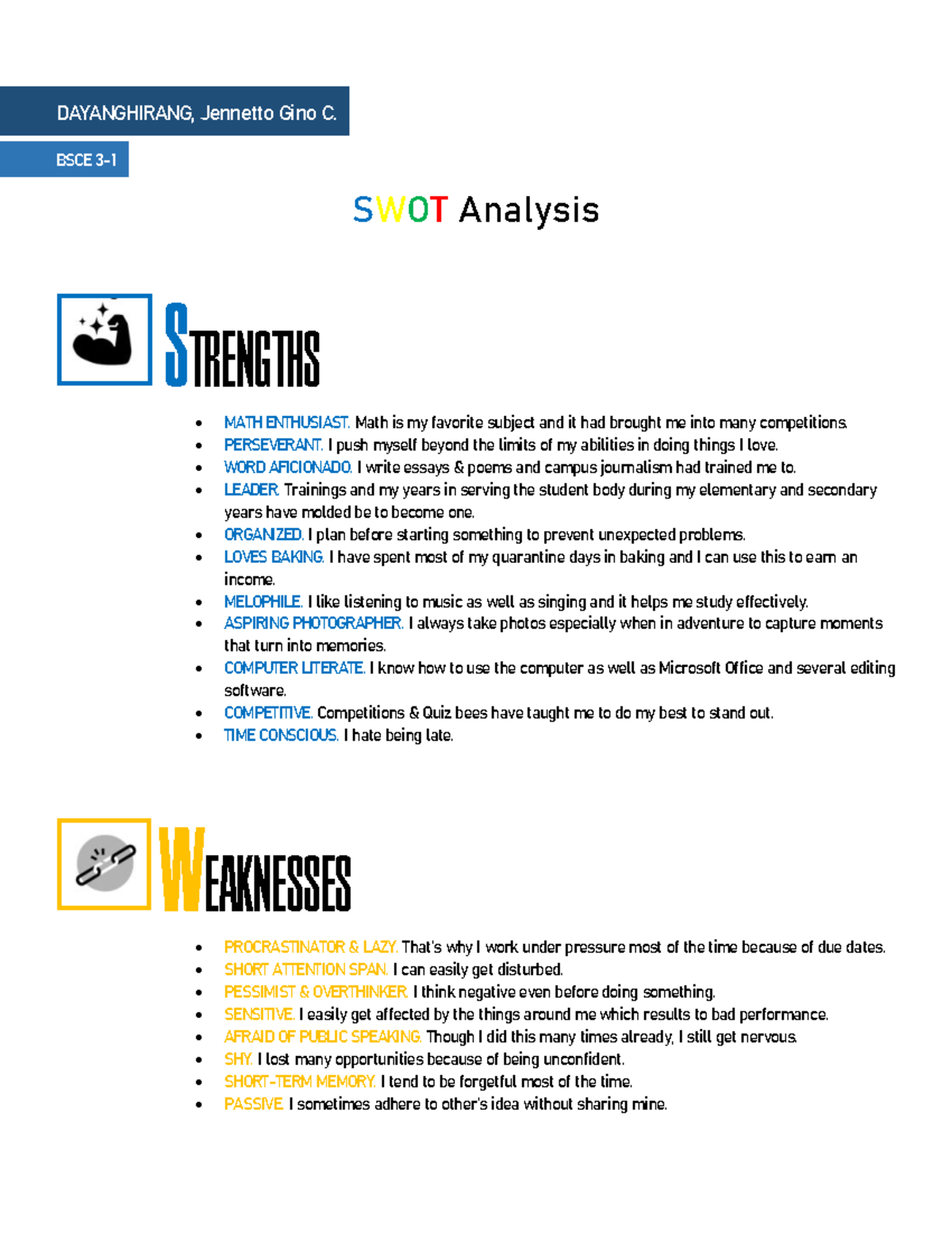 SWOT Analysis Activity - DAYANGHIRANG, Jennetto Gino C. BSCE 3- SWOT ...