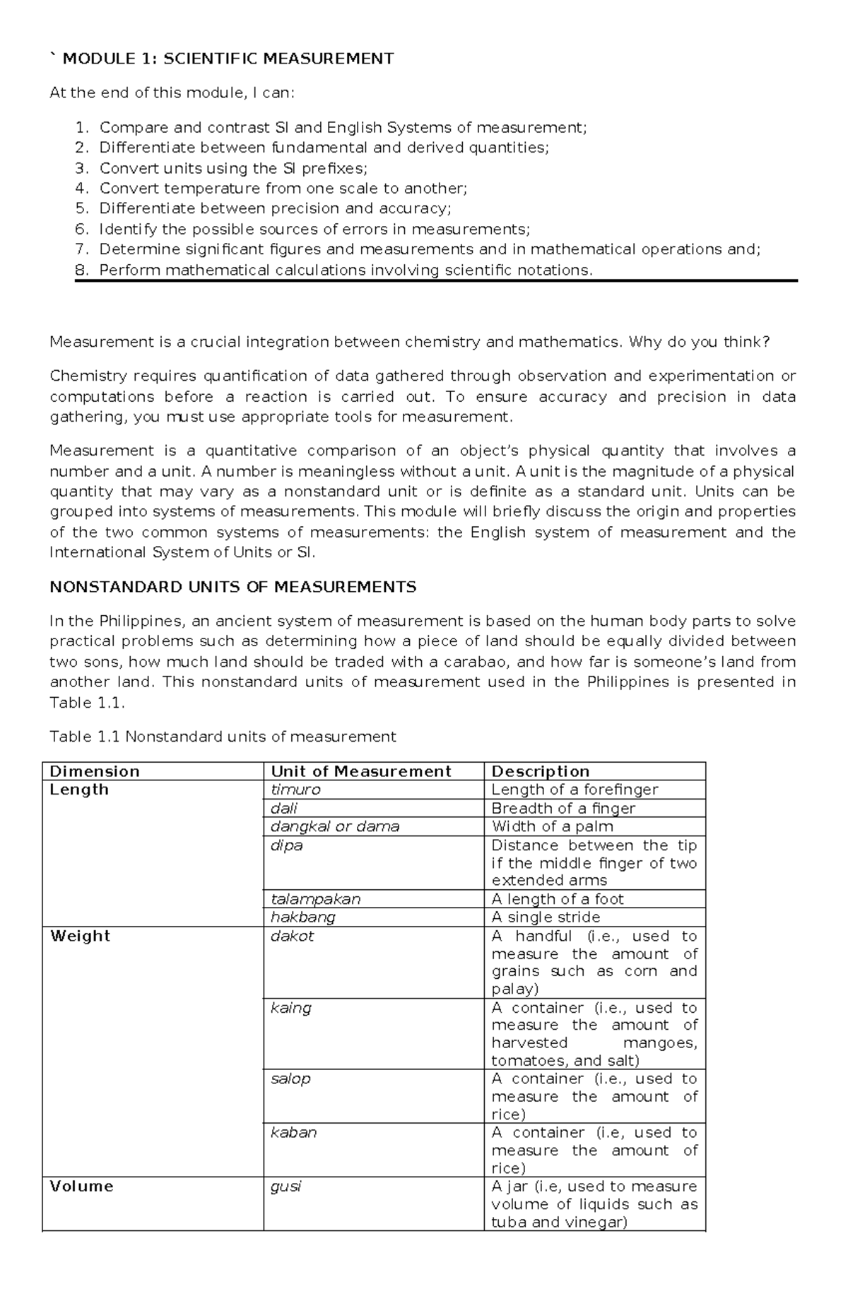 Chemistry 101 Module 1 - ` MODULE 1: SCIENTIFIC MEASUREMENT At the end ...