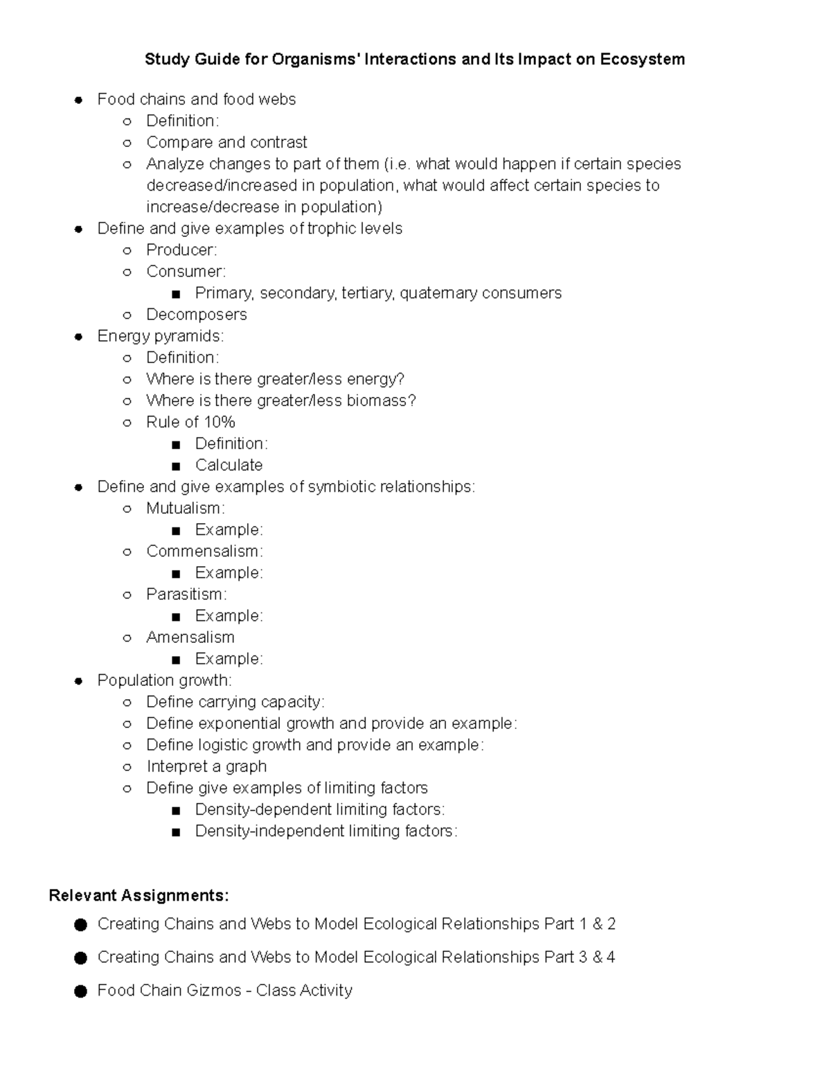 Copy of Study Guide for Organisms Interactions and Its Impact on ...