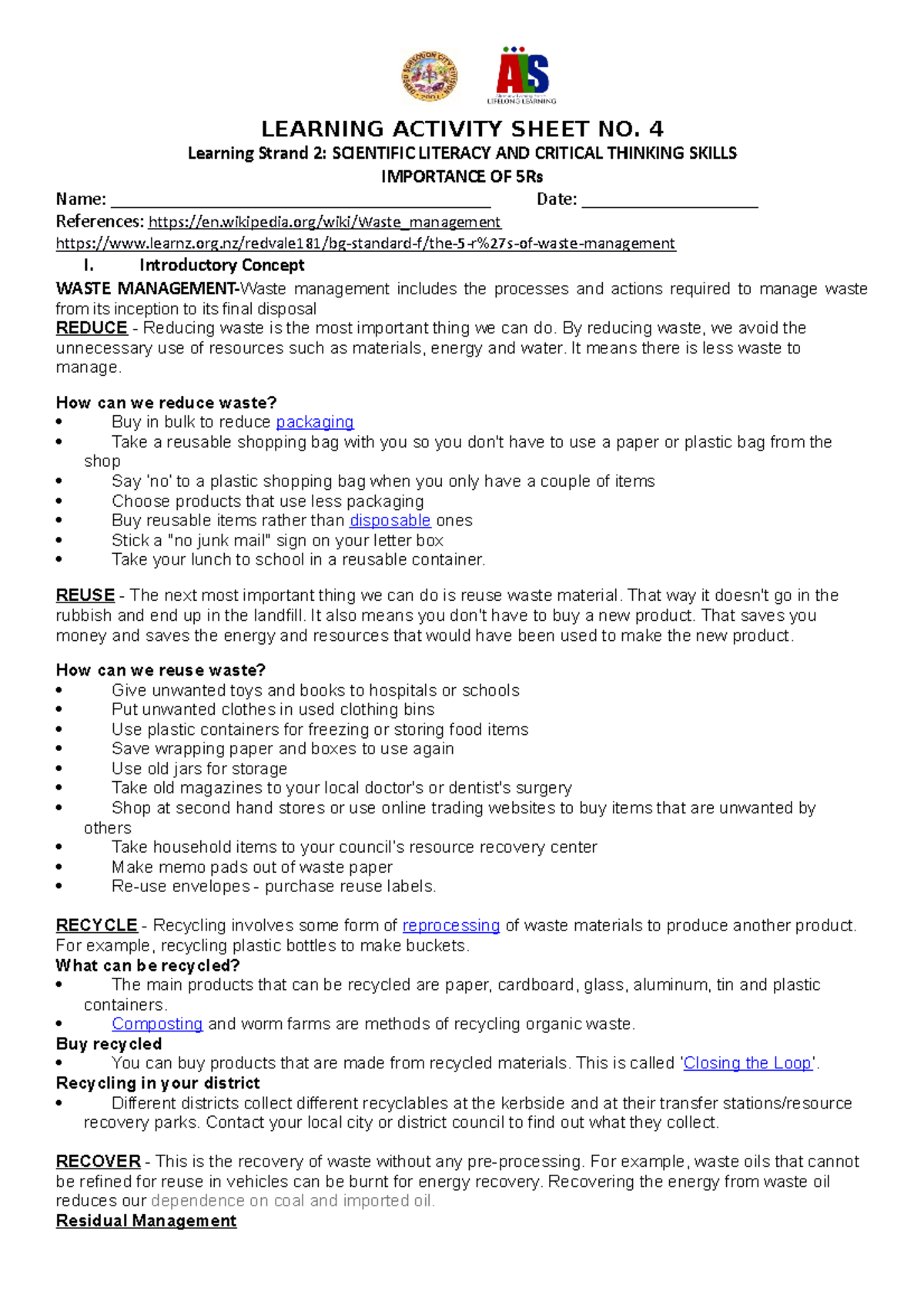 4 Importance OF 5Rs - LEARNING ACTIVITY SHEET NO. 4 Learning Strand 2 ...