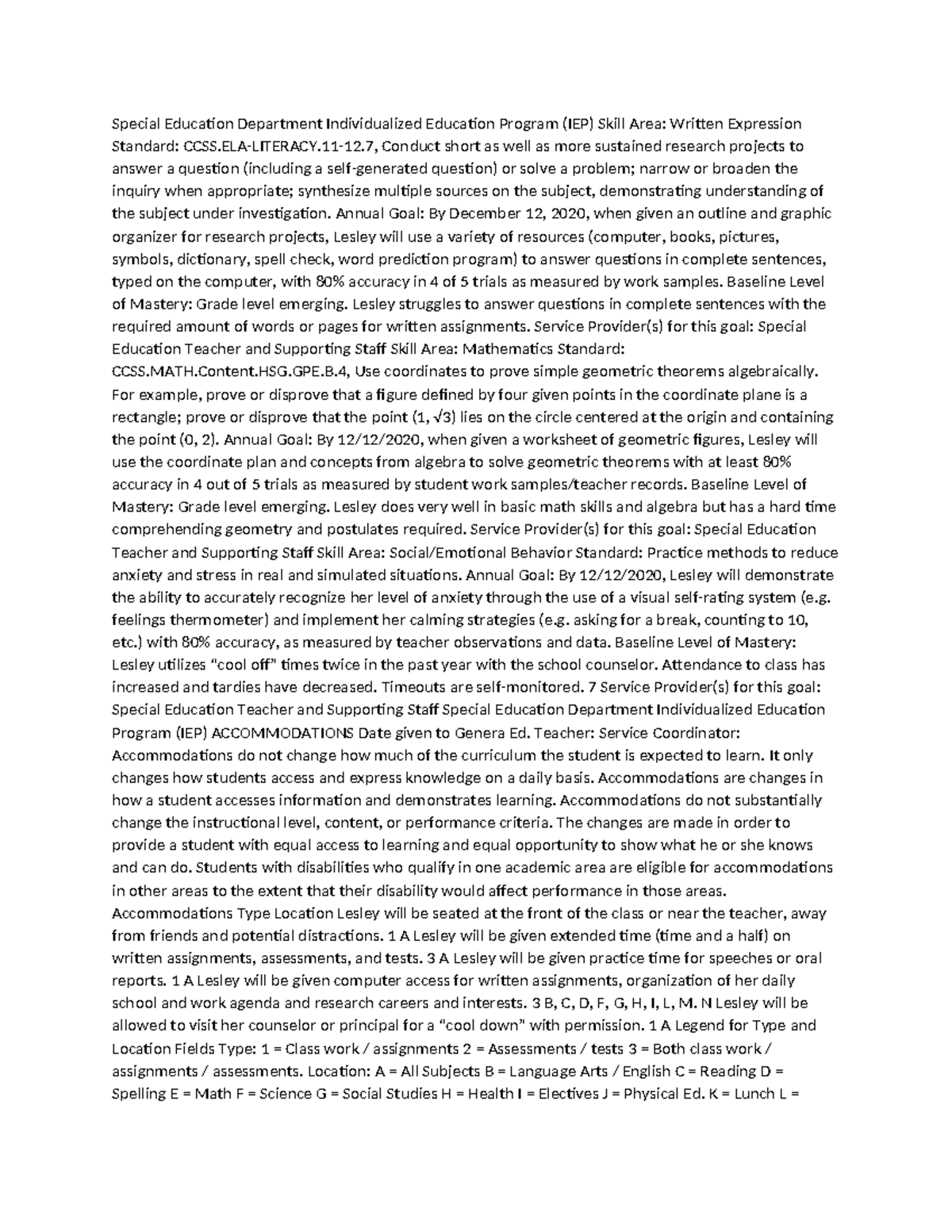 Special Education Department Individualized Education Program - ELA ...