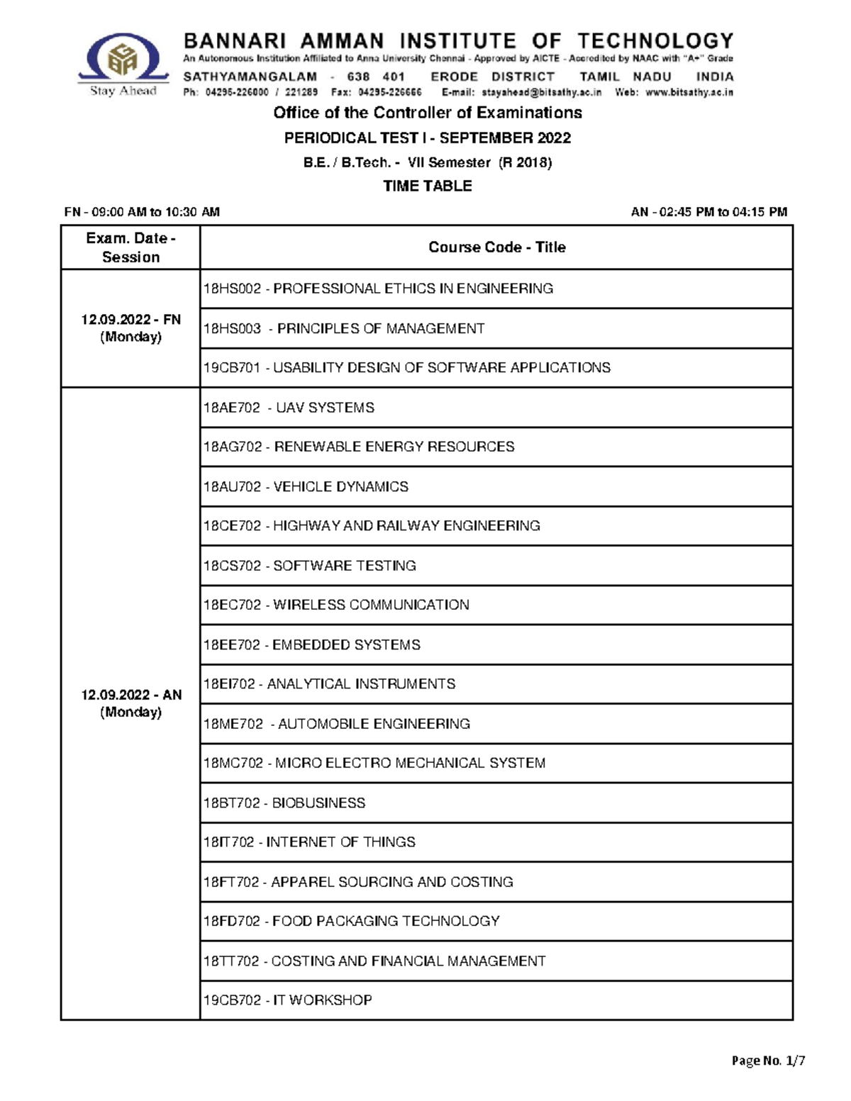 Timetable - frgtytujy4 - Exam. Date -Session Course Code - Title ...