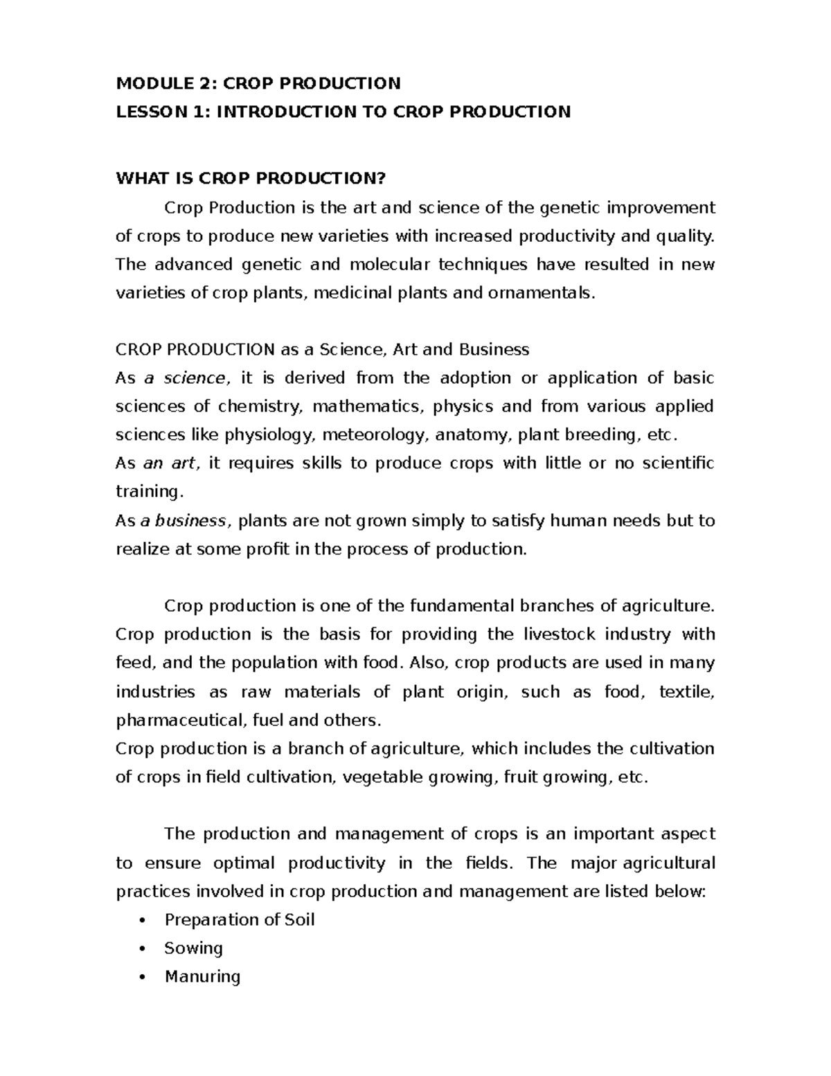 Module 2-Lesson 1 - TLE-AFA - MODULE 2: CROP PRODUCTION LESSON 1 ...