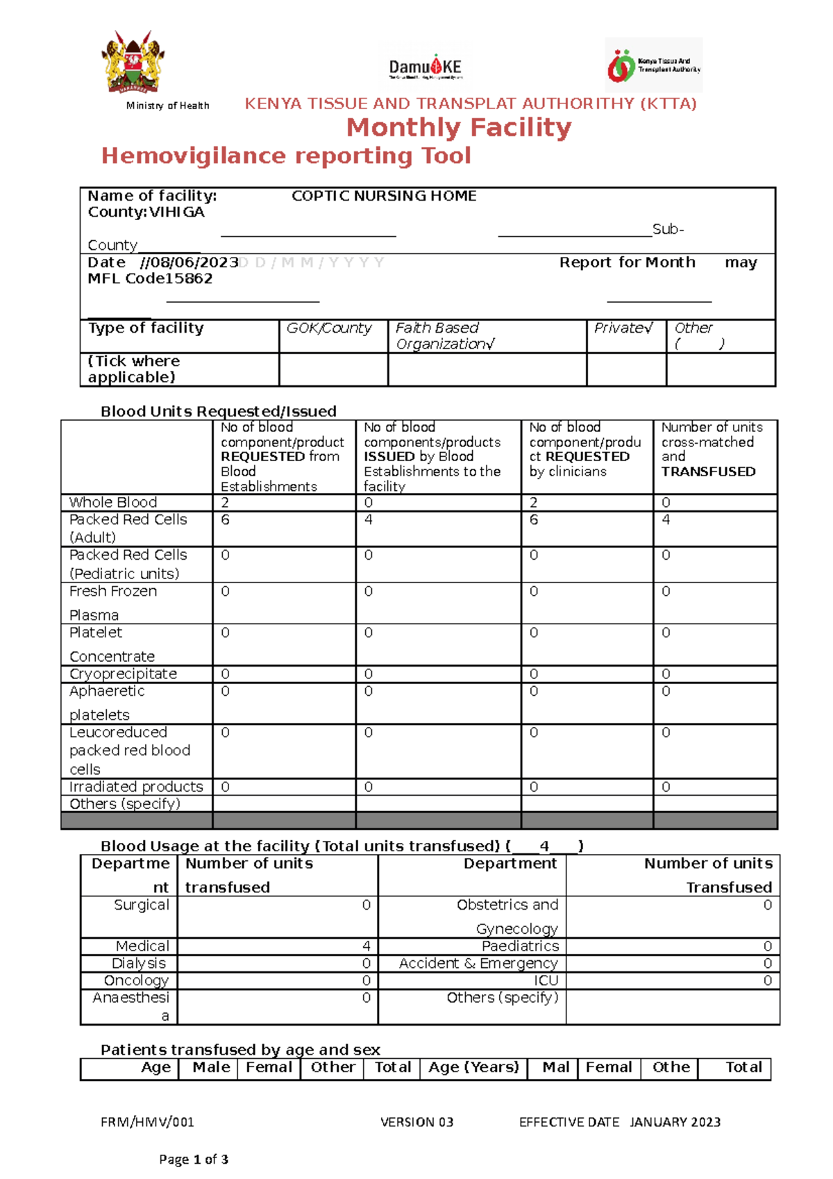 Facility Hemovigilance Monthly may 23 - Ministry of Health KENYA TISSUE ...