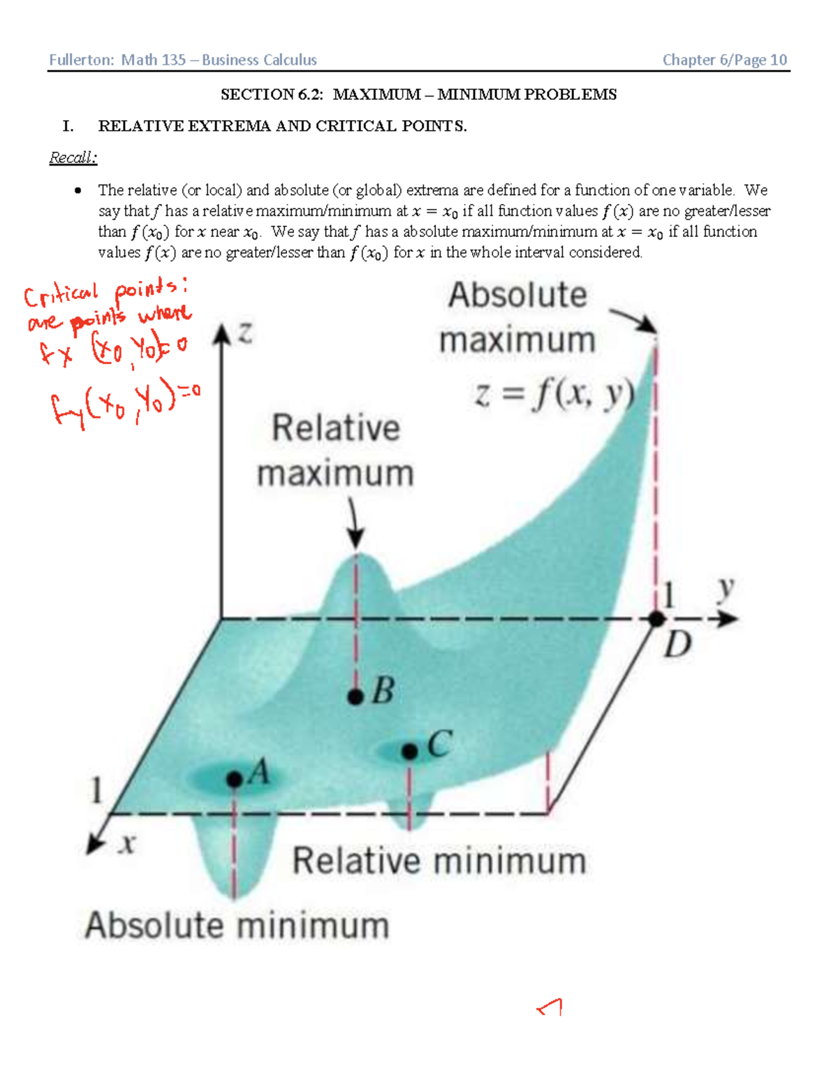Section 6.2 Notes - SECTION 6: MAXIMUM 3 MINIMUM PROBLEMS I. RELATIVE ...