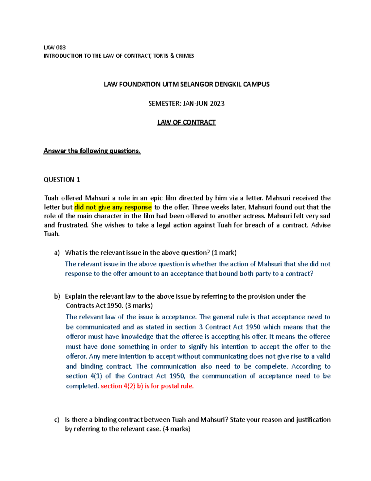 Tutorial- 2 - LAW 083 INTRODUCTION TO THE LAW OF CONTRACT, TORTS & CRIMES LAW FOUNDATION UiTM ...