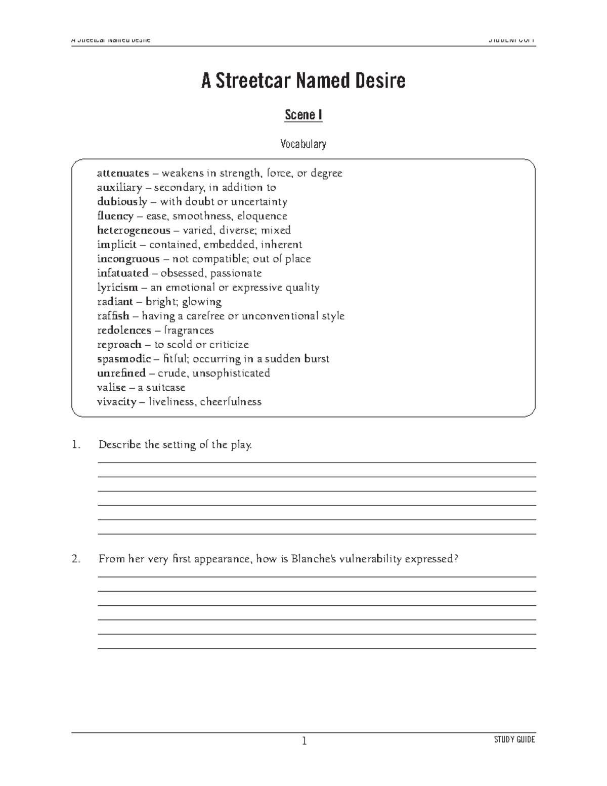 Ascnd - ENG - STUDY GUIDE A Streetcar Named Desire Scene I Vocabulary ...