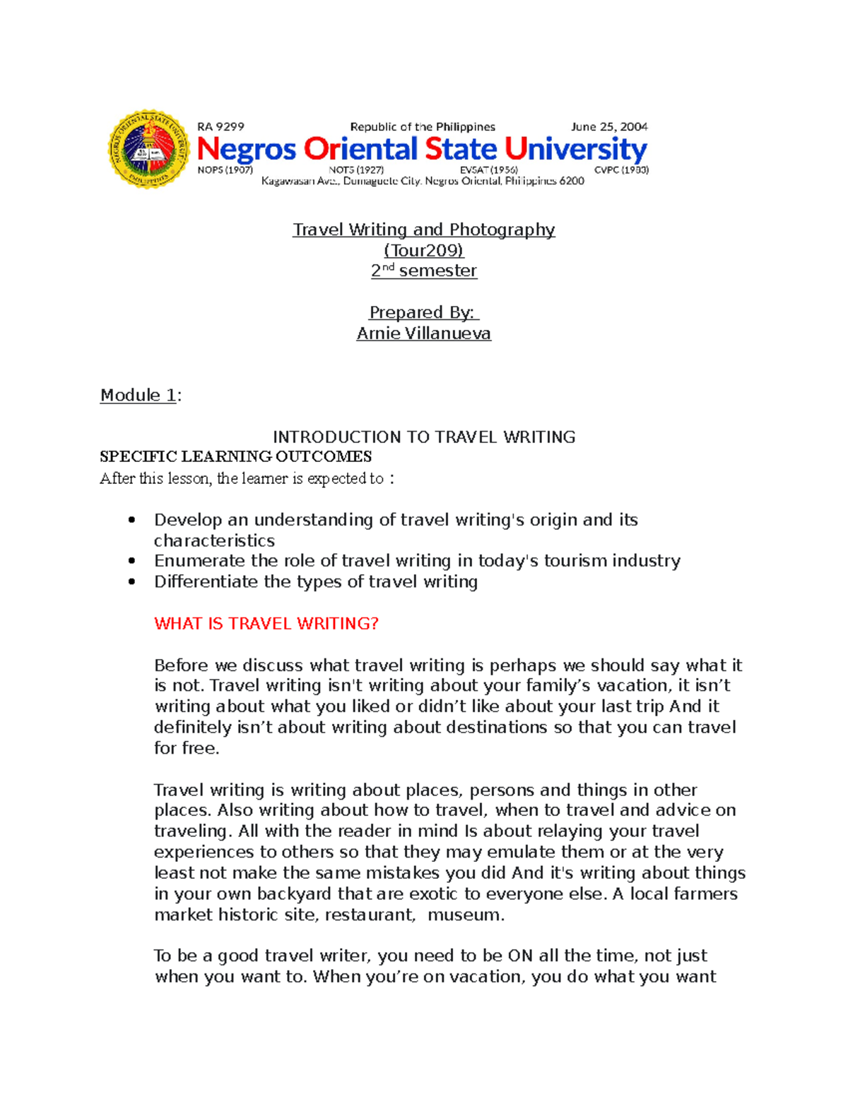Module 1 - activity - Travel Writing and Photography (Tour209) 2 nd ...