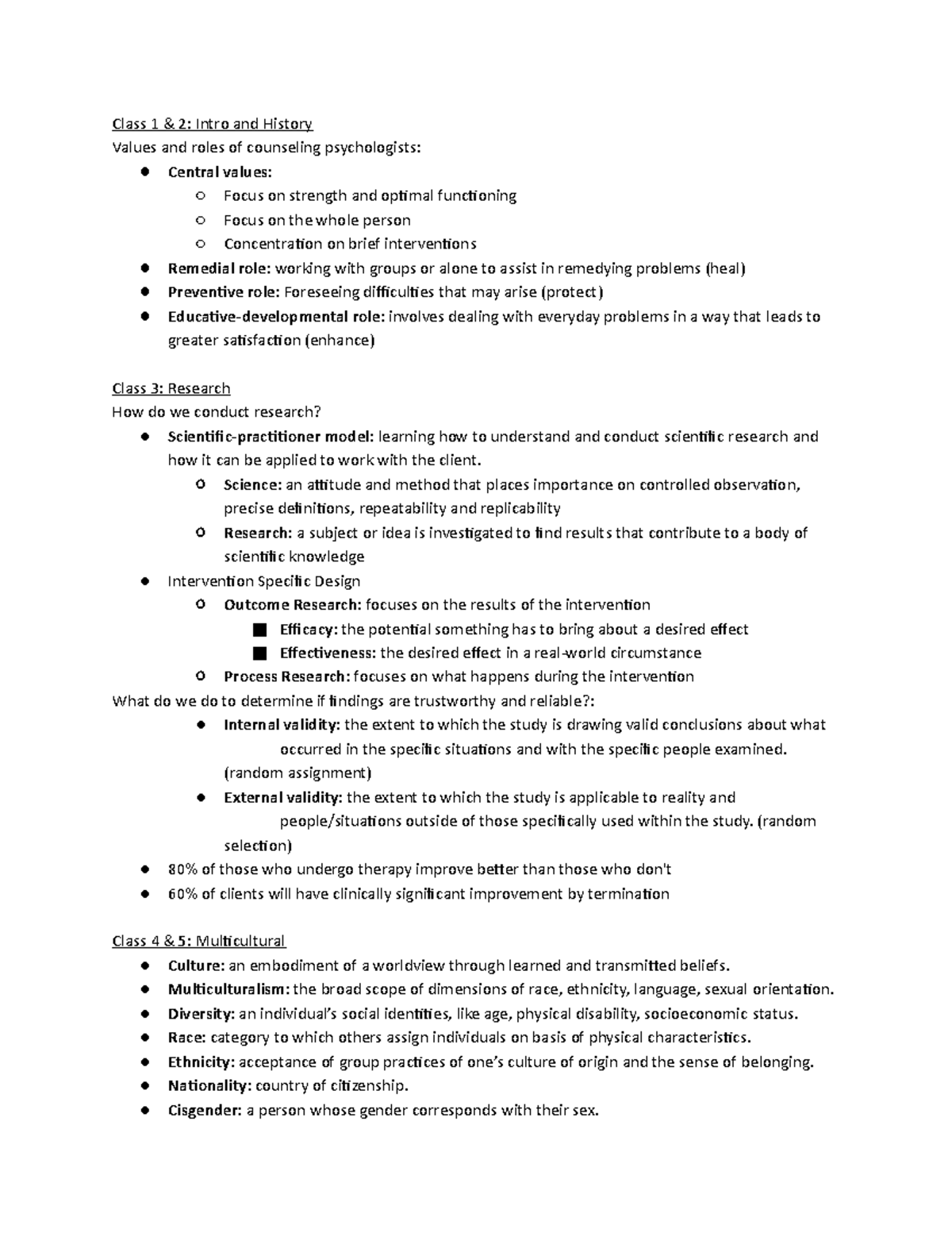Counseling Study Guide 1 - Class 1 & 2: Intro and History Values and ...