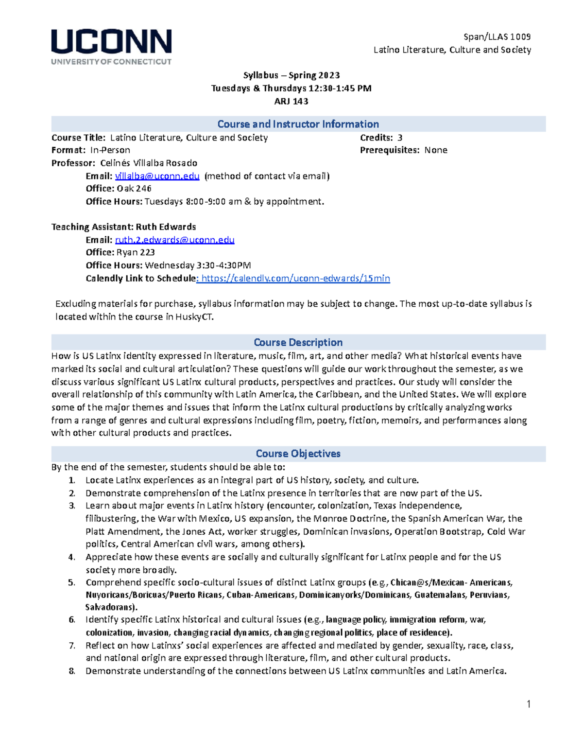 UC1009Syllabus Spring 2023 - Span/LLAS 1009 Latino Literature, Culture and Society Syllabus ...