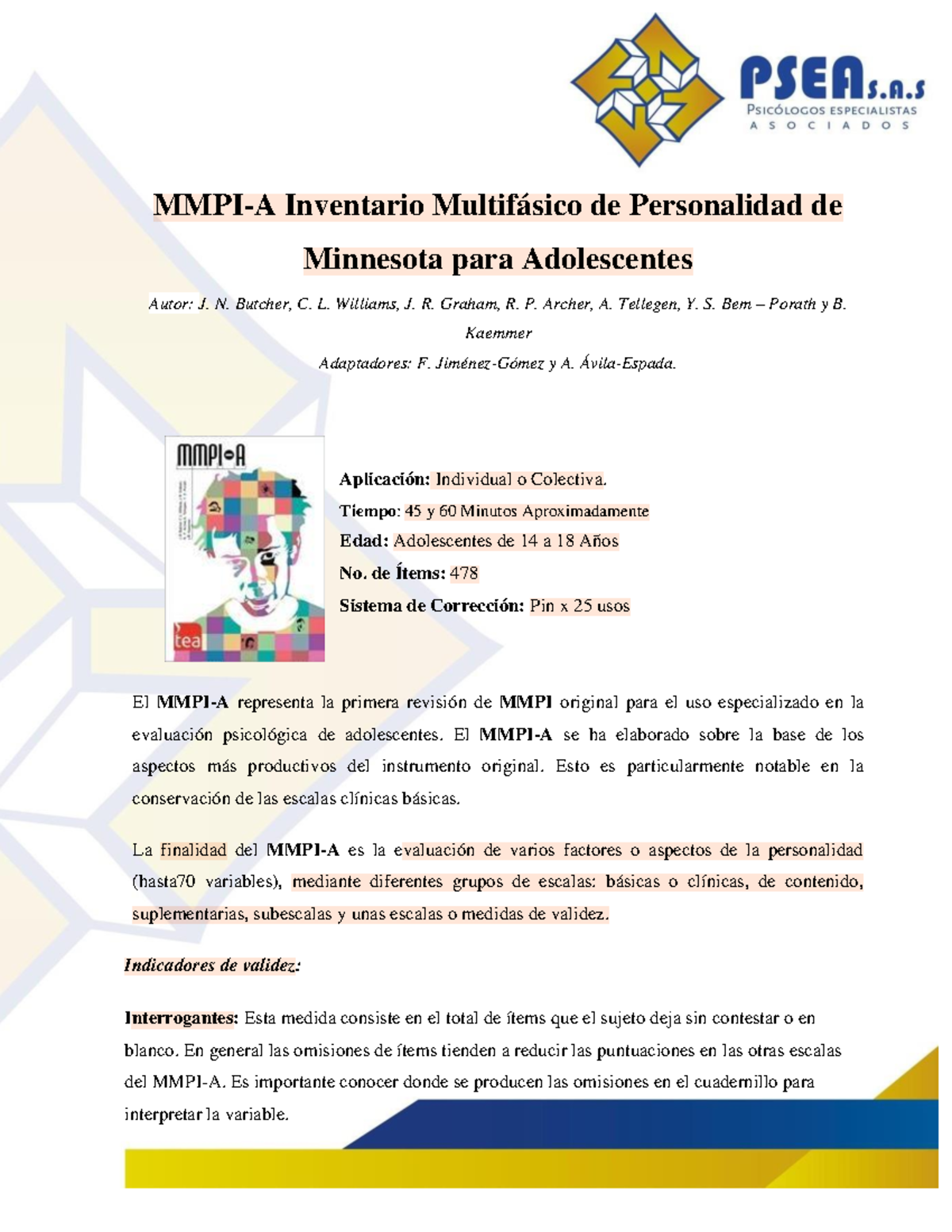 MMPI-A - MMPI - MMPI-A Inventario Multifásico de Personalidad de ...