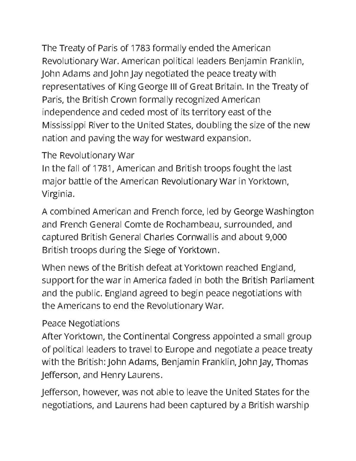 Treaty Of Paris Notes - The Treaty of Paris of 1783 formally ended the ...