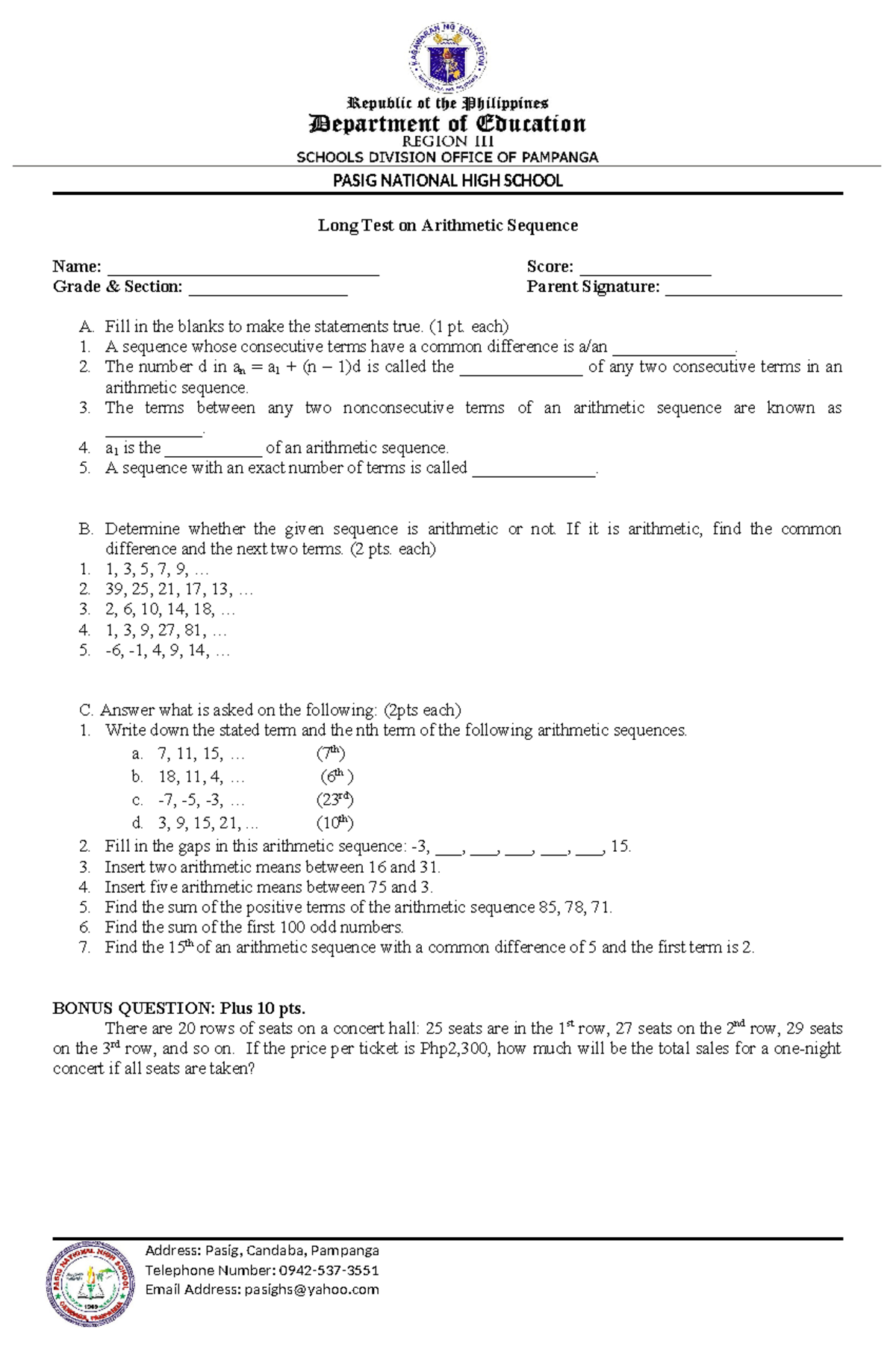Long Test on Arithmetic Sequence - PASIG NATIONAL HIGH SCHOOL Long Test ...