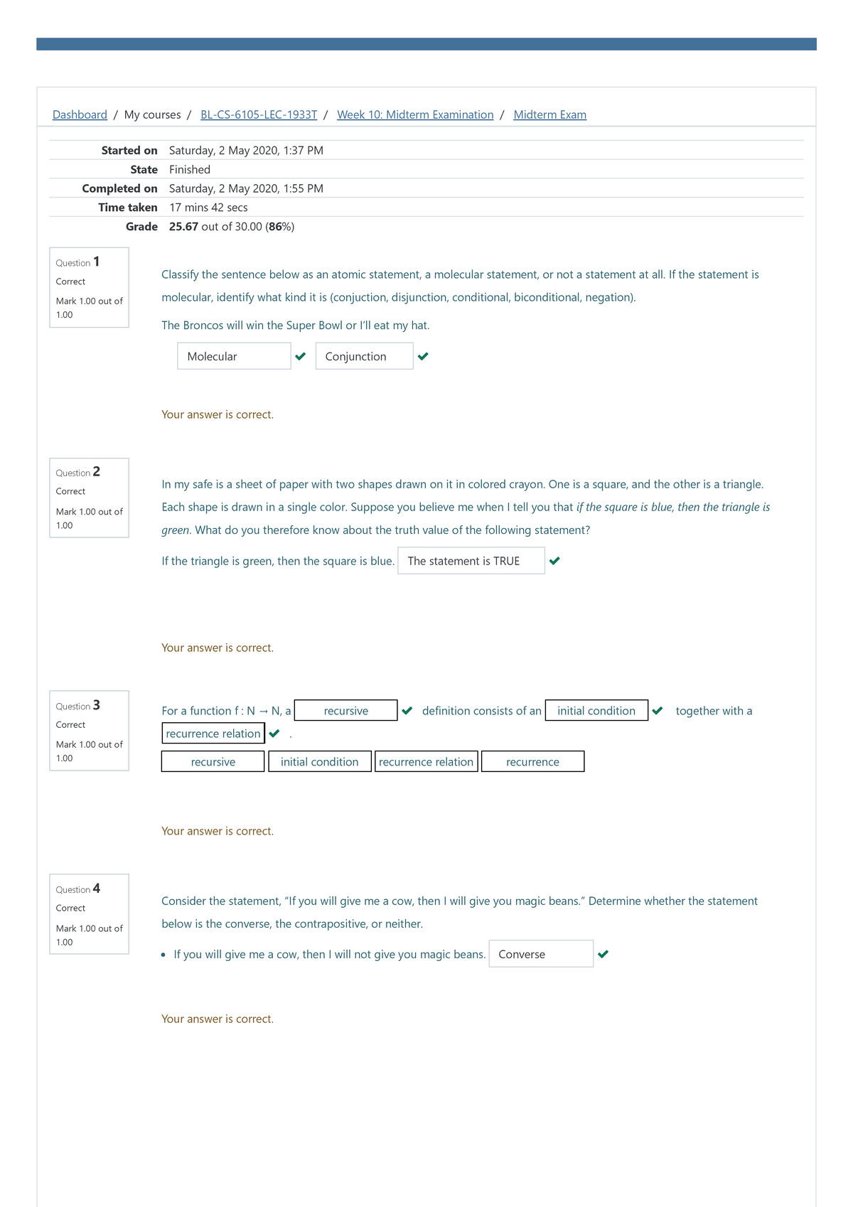 Midterm Exam Attempt review - Dashboard / My courses / BL-CS-6105-LEC-1933T / Week 10: Midterm ...