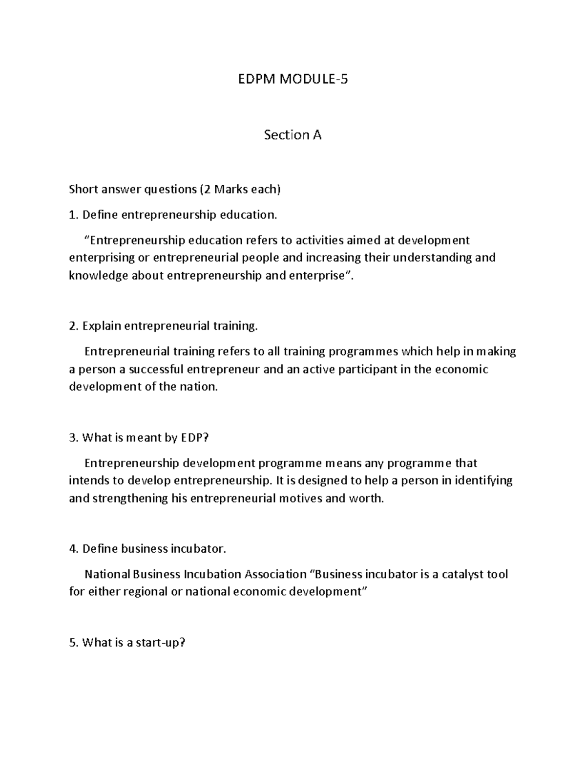 Module 5 - importANT PORTIONS - EDPM MODULE- 5 Section A Short answer questions (2 Marks each ...