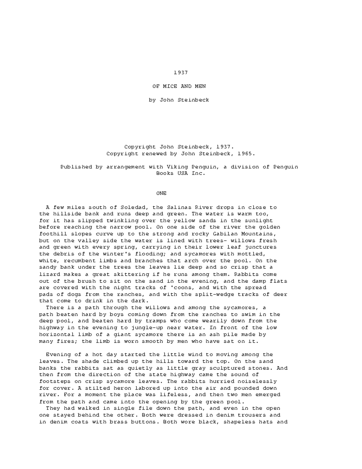 Steinbeck john of mice and men - 1937 OF MICE AND MEN by John Steinbeck ...