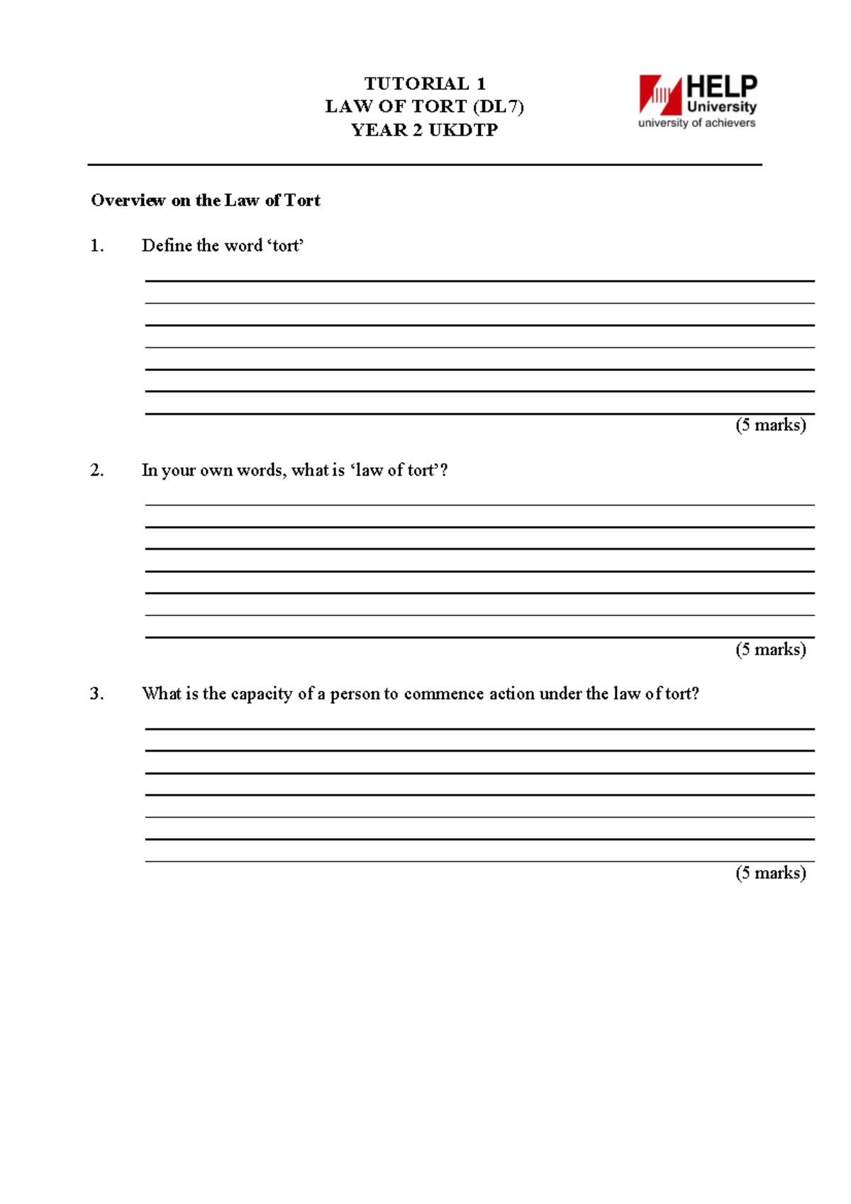 Law of tort - overview tutorial - TUTORIAL 1 LAW OF TORT (DL7) YEAR 2 ...