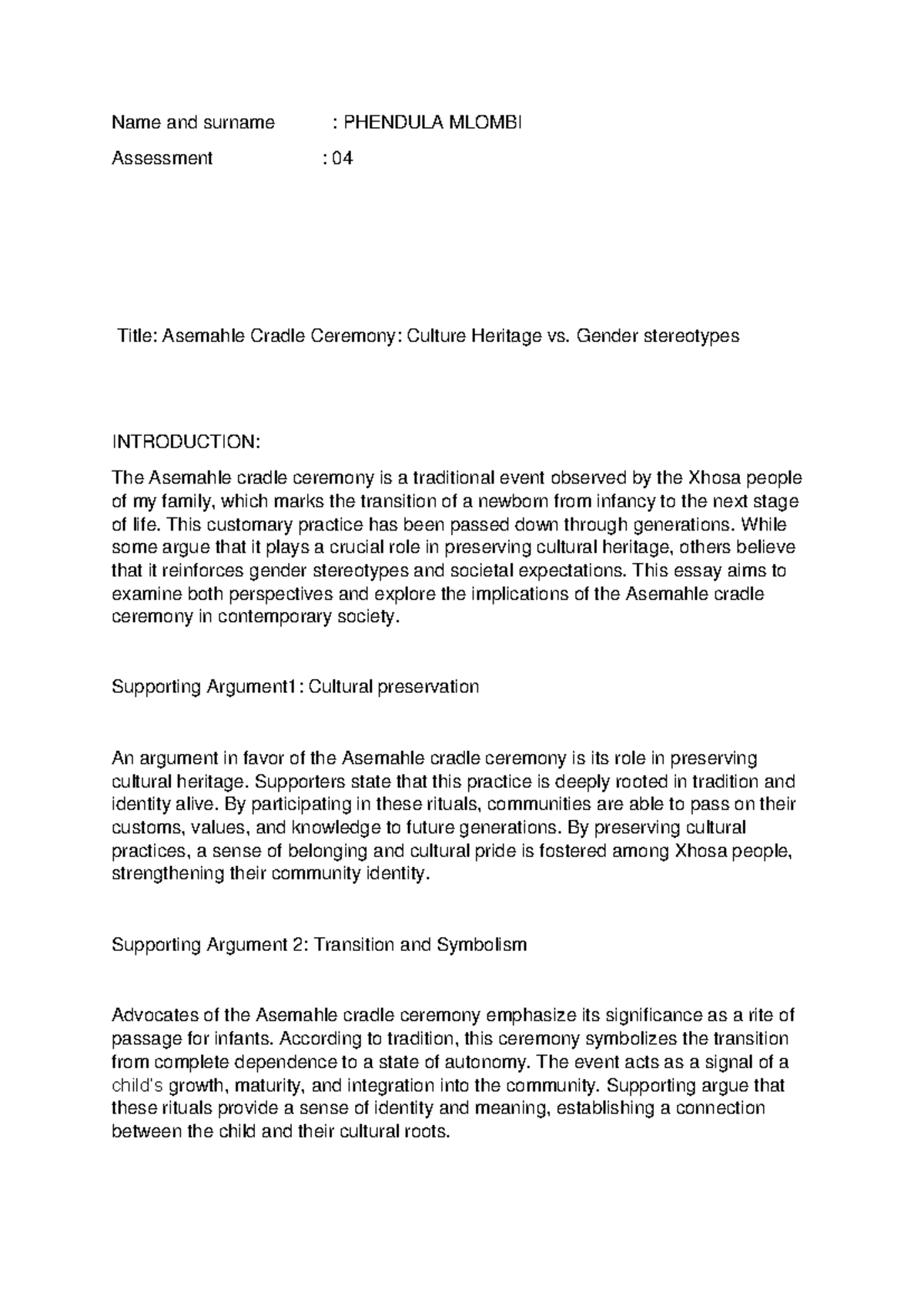 APY Essay 4 asemahle cradle - Name and surname : PHENDULA MLOMBI ...
