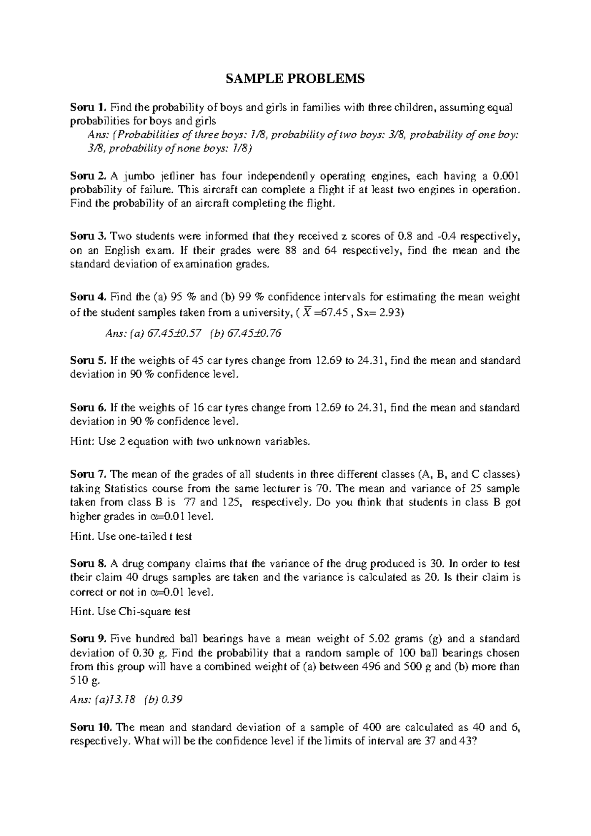 12 Sample Problems - Questions - SAMPLE PROBLEMS Soru 1. Find the probability of boys and girls ...