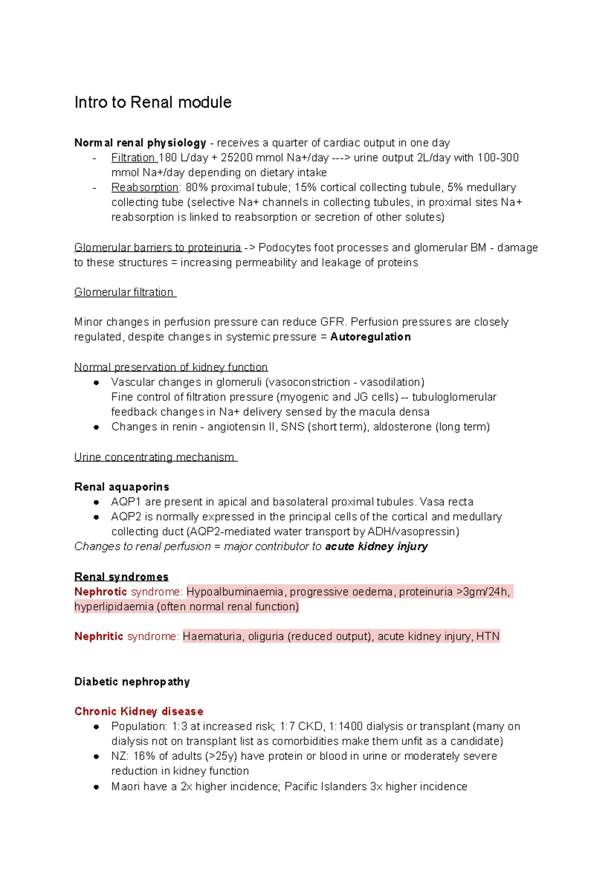 MICN301 Renal System physiology pathology lecture notes - Intro to ...