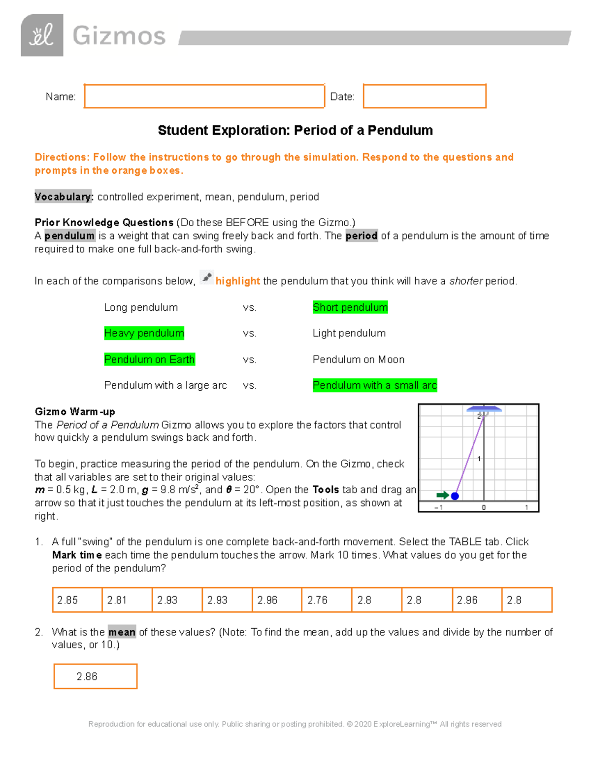 Copy of Period Pendulum Gizmo - Name: Date: Student Exploration: Period ...
