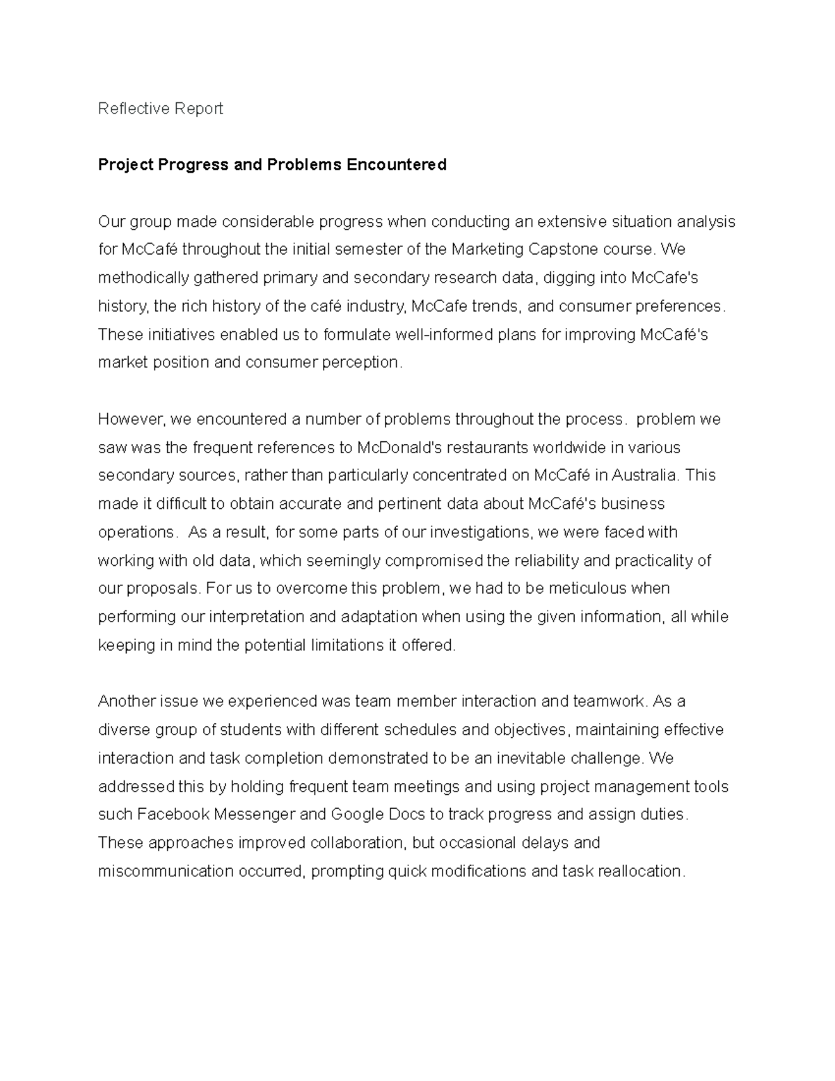Task2C A01 Reflective report - Reflective Report Project Progress and ...