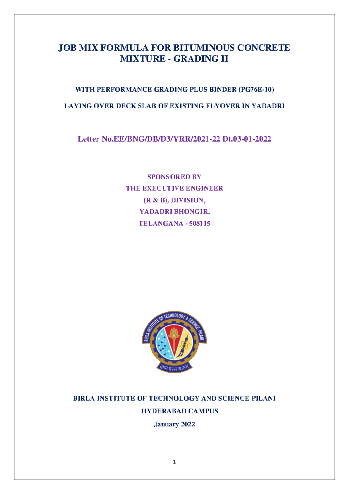 Bhongir Mixture desgin - JOB MIX FORMULA FOR BITUMINOUS CONCRETE ...