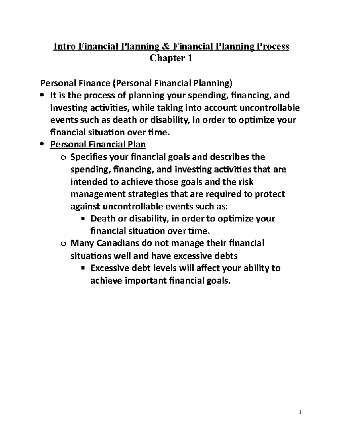Fundamentals of Financial Planning Principles (Class Notes Ch 1 ...