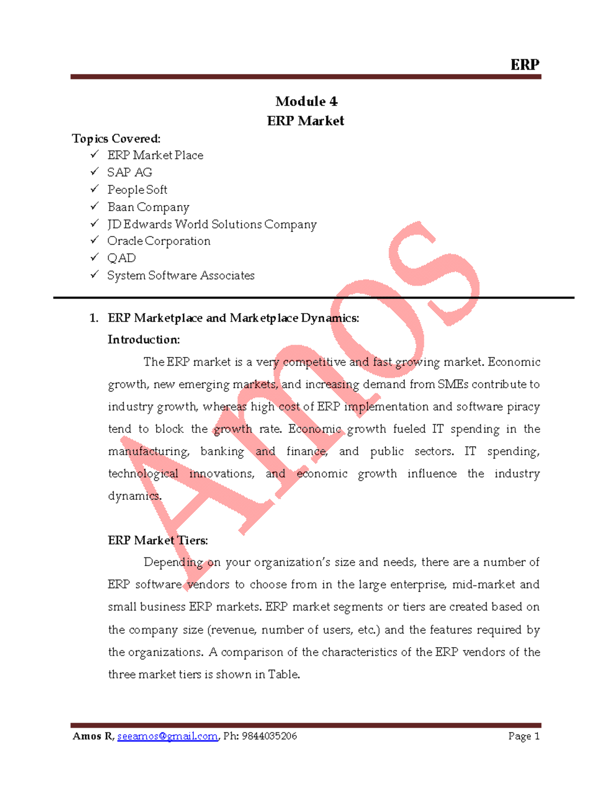 ERP Module 4 - Amos R - Erp - Module 4 ERP Market Topics Covered: ERP ...