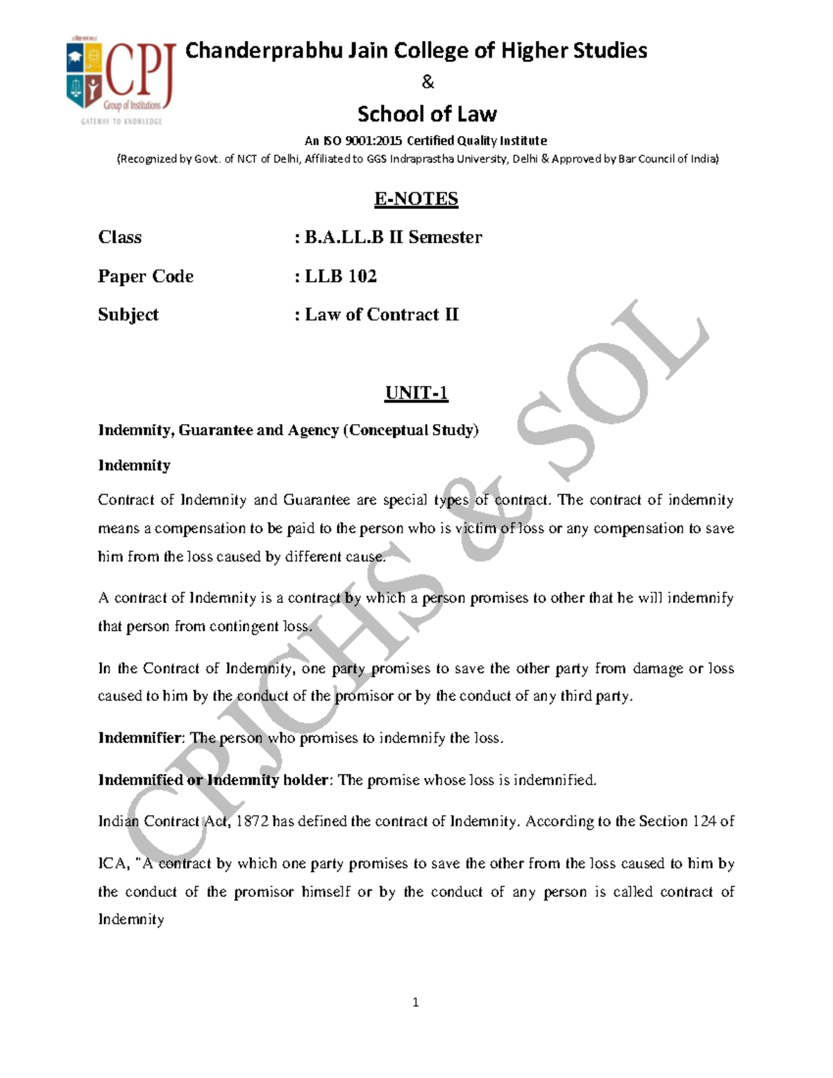 Unit-1 Law of Contract-II E-Notes- Ballb - & School of Law An ISO 9001: ...