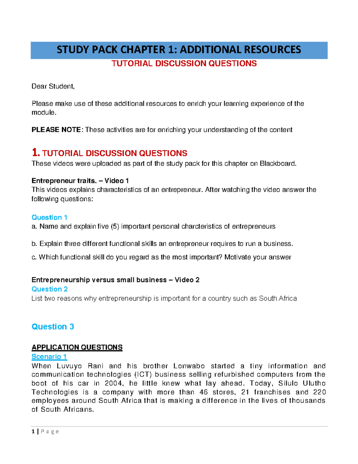 Additional resources chapter one Study pack 1 Tutorial Questions - 1 | P a g e STUDY PACK ...