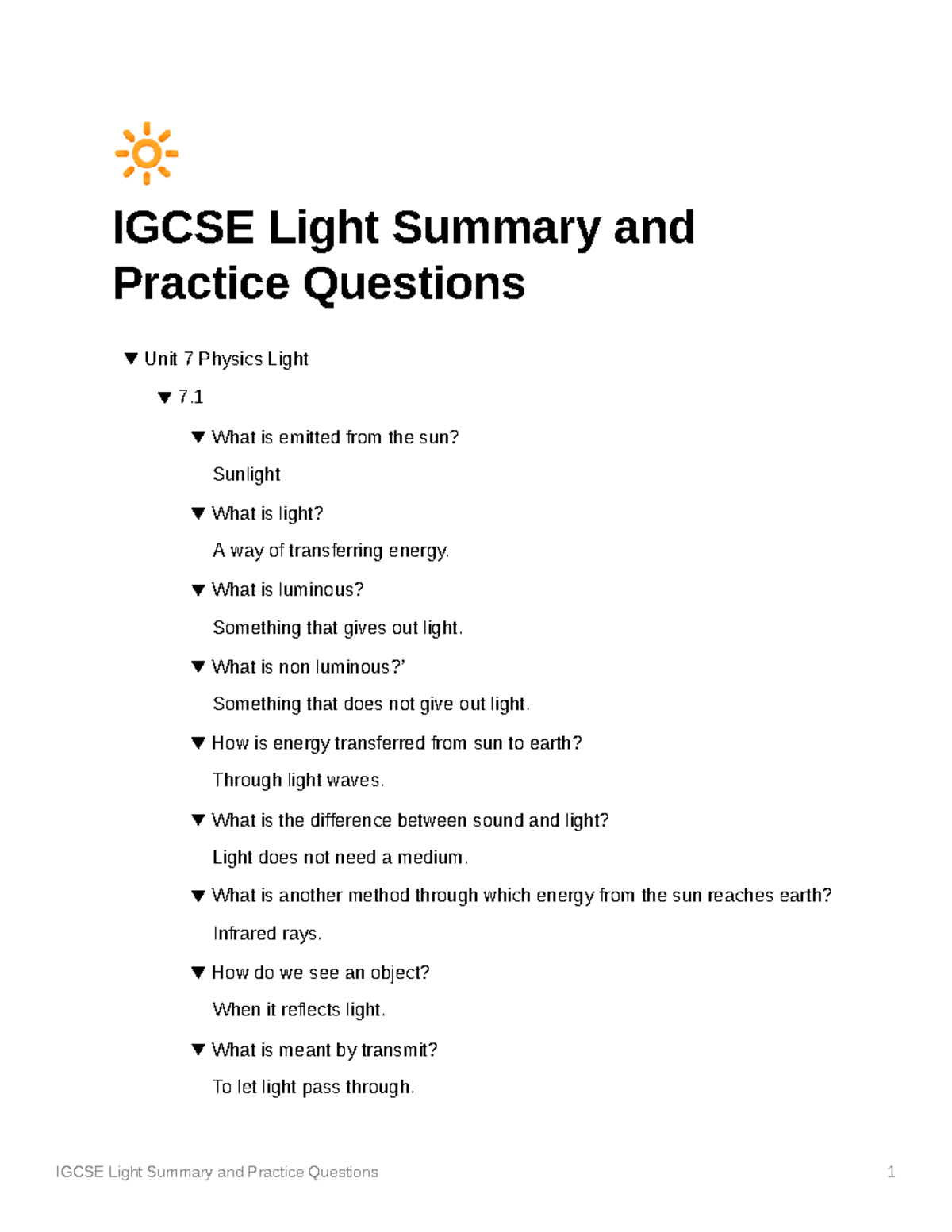 Igcse Light Summary and Practice Questions - ó IGCSE Light Summary and ...