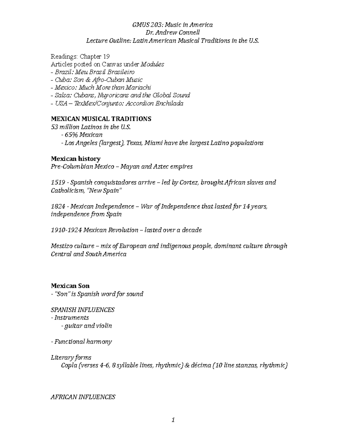 16 Latin American music outline - Dr. Andrew Connell Lecture Outline ...