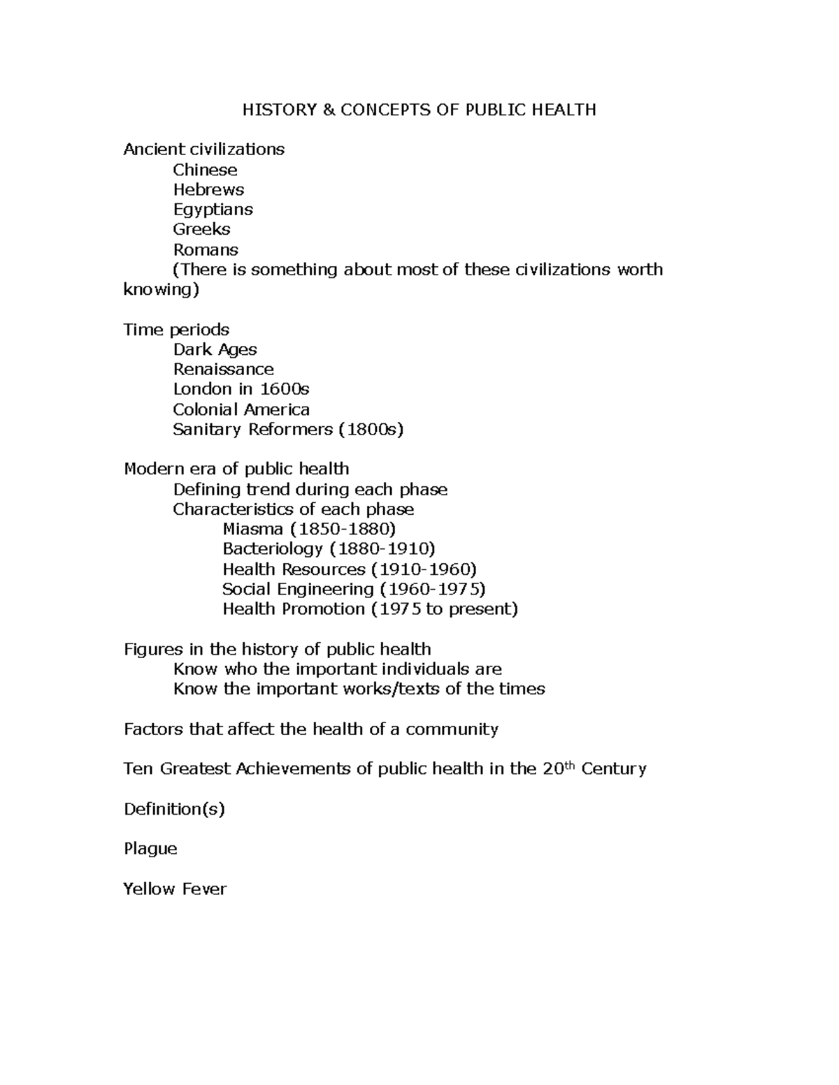 Study Guide - Midterm - HISTORY & CONCEPTS OF PUBLIC HEALTH Ancient ...