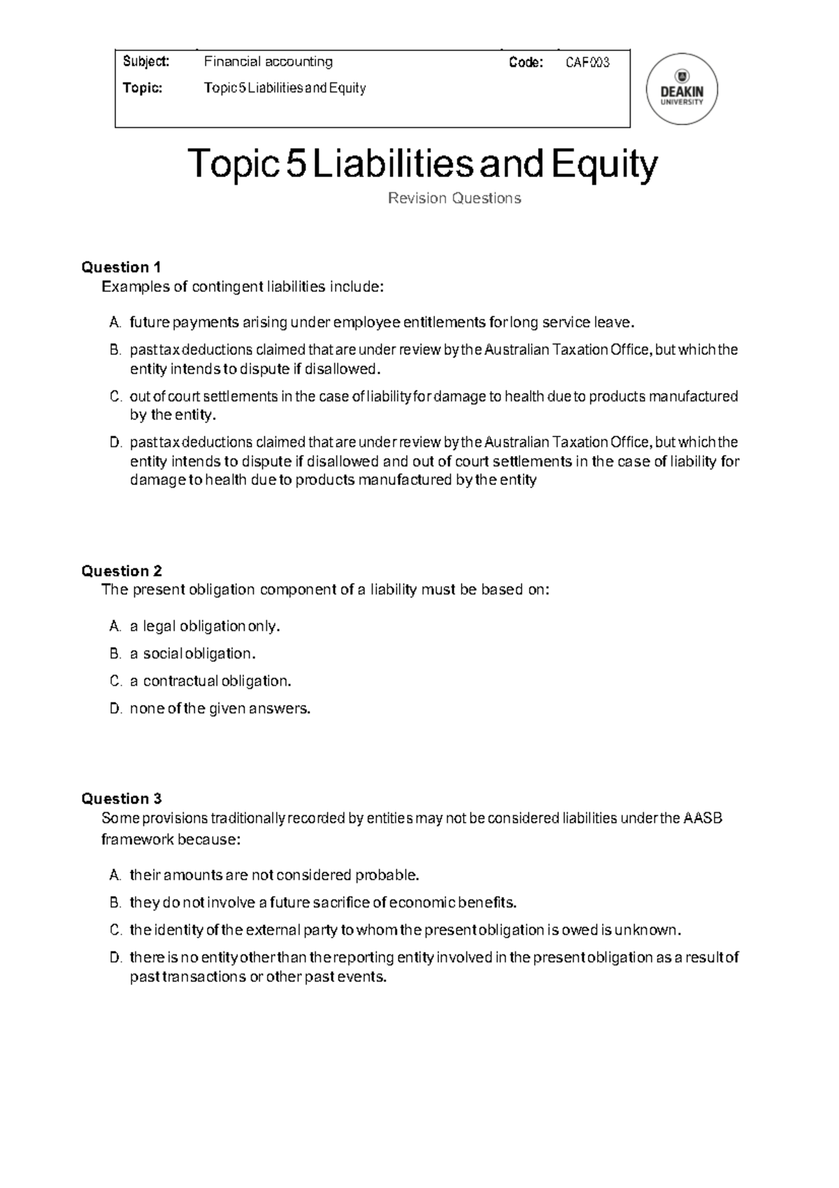 CAF003 Topic 5 Practice Test - Topic: Topic 5 Liabilities and Equity ...