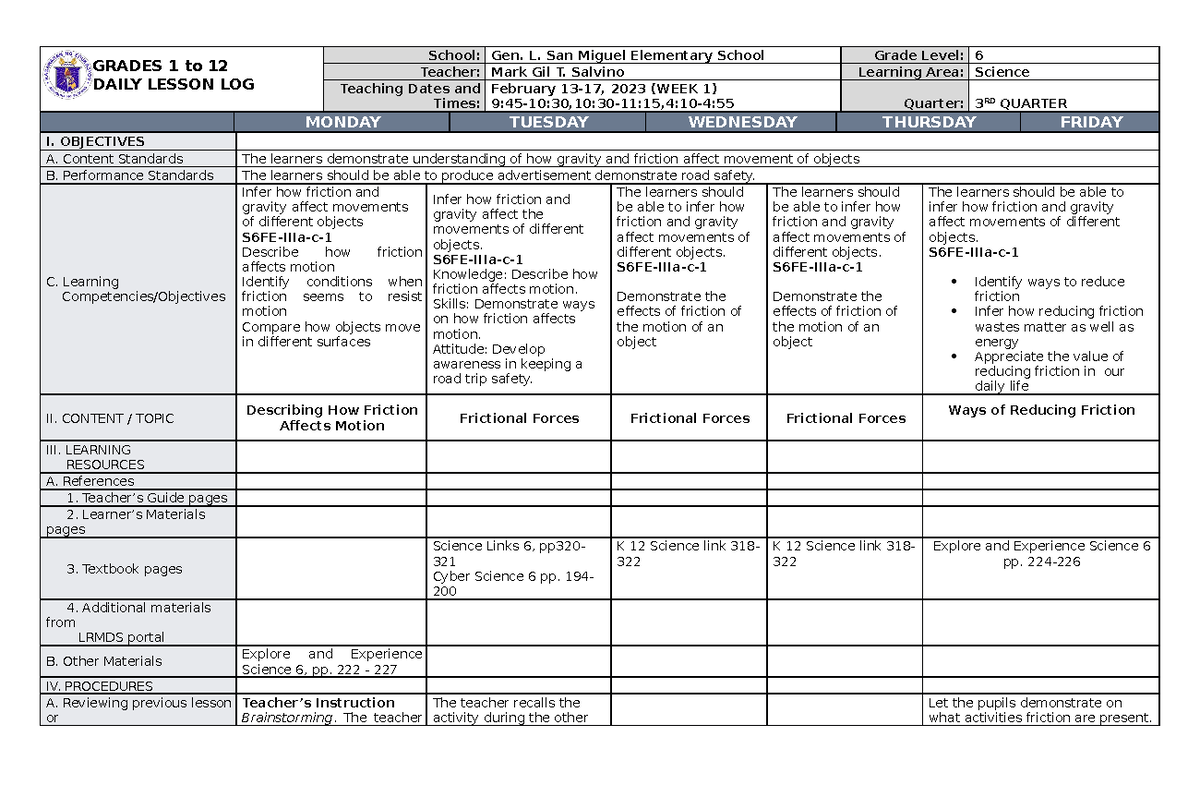 Quarter 3, Week 1 - February 13-17, 2023 - GRADES 1 to 12 DAILY LESSON ...