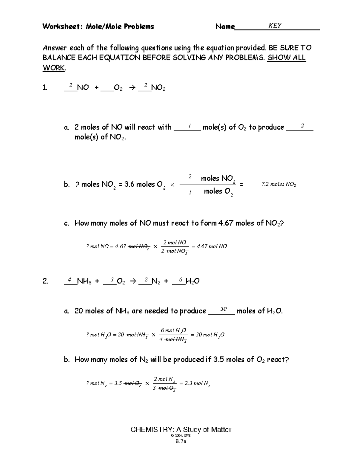 8-07ab mole-mole problems wkst-key - Worksheet: Mole/Mole Problems Name