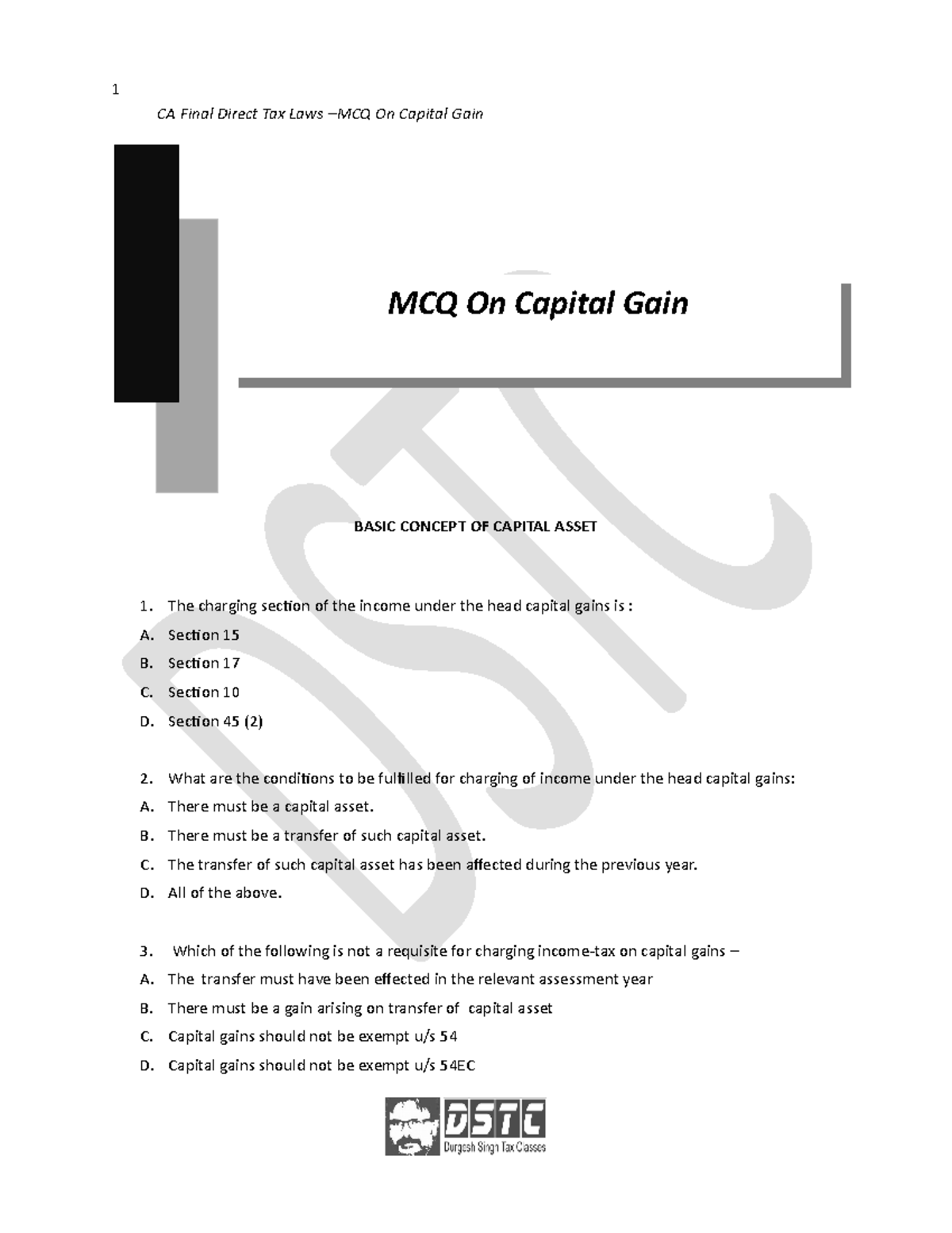 Chapter 9 MCQs on Capital Gain - Income Tax Planning And Management ...