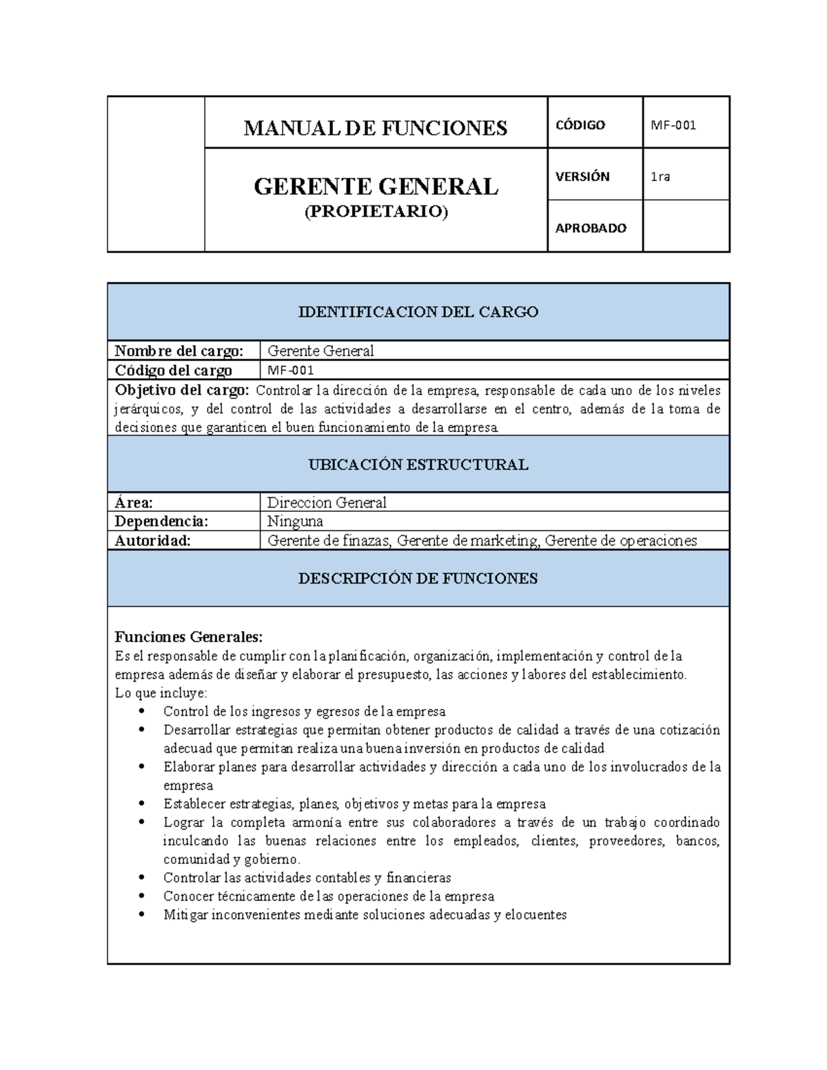 Manual de funciones mejorado - MANUAL DE FUNCIONES CÓDIGO MF- GERENTE ...
