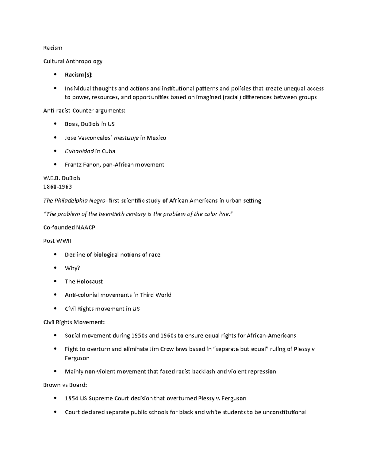 Racism Notes - Racism Cultural Anthropology Racism(s): Individual ...